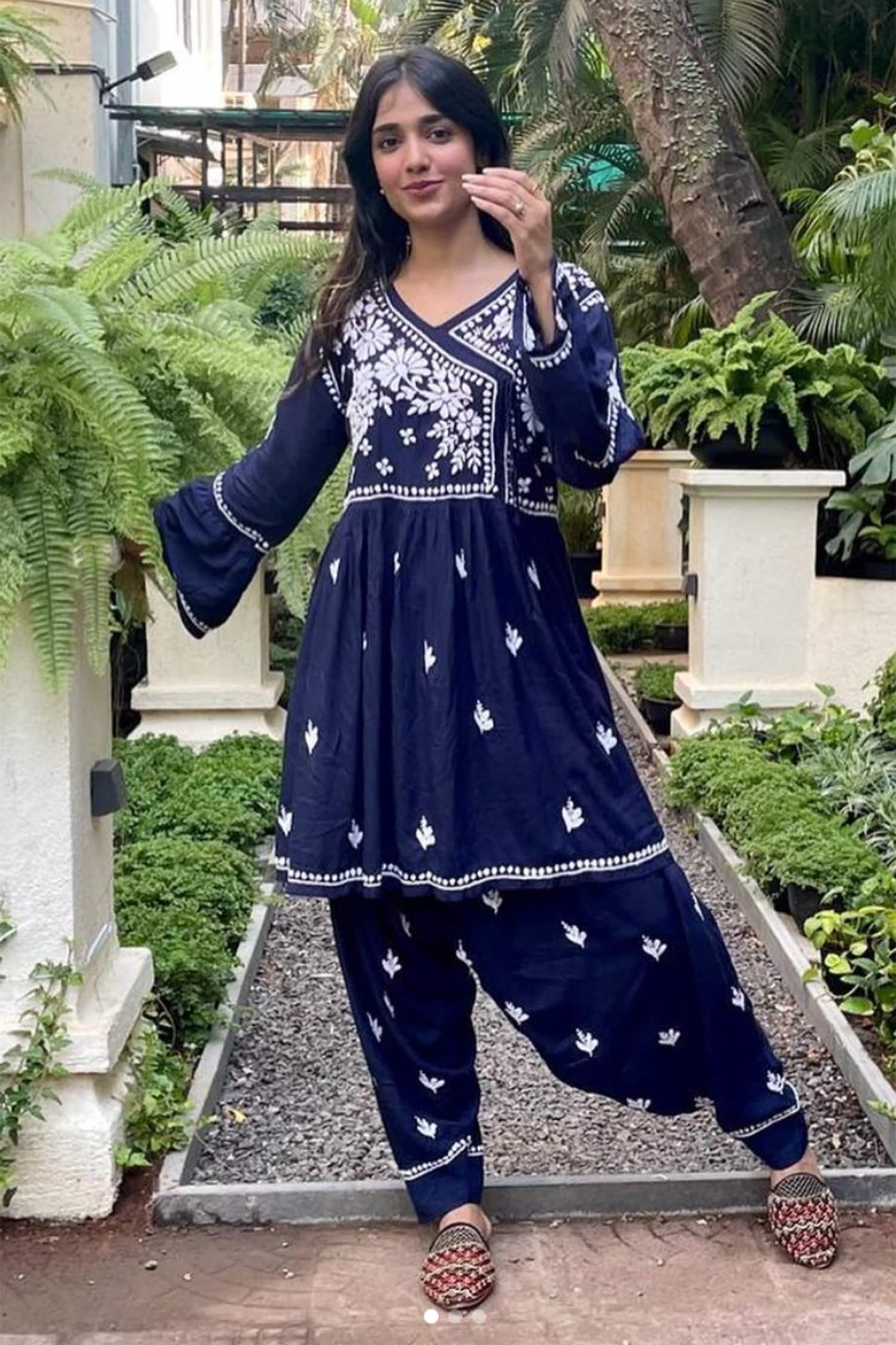 Buy House of Chikankari Blue Modal Husaina Chikankari Work Angrakha And ...