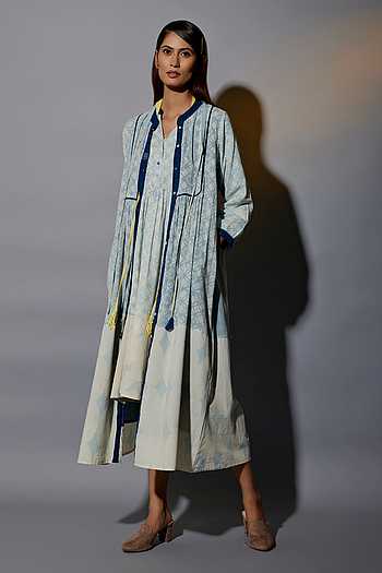 Buy Blue Natural Dyed Cotton Blend Hand Block Pleated Overlay And Dress ...