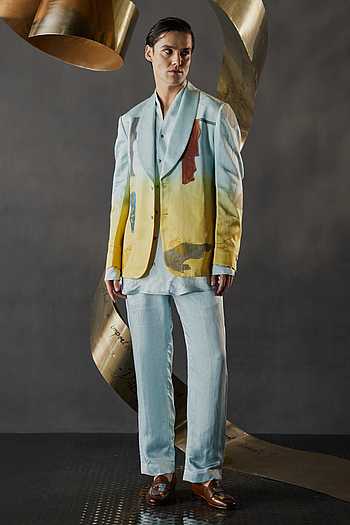 Buy Jatin Malik Blue Linen Silk The Melting Clocks Hand Painted ...