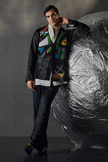 Buy Jatin Malik Black Modal Rayon Carnival Hand Painted Overshirt And ...