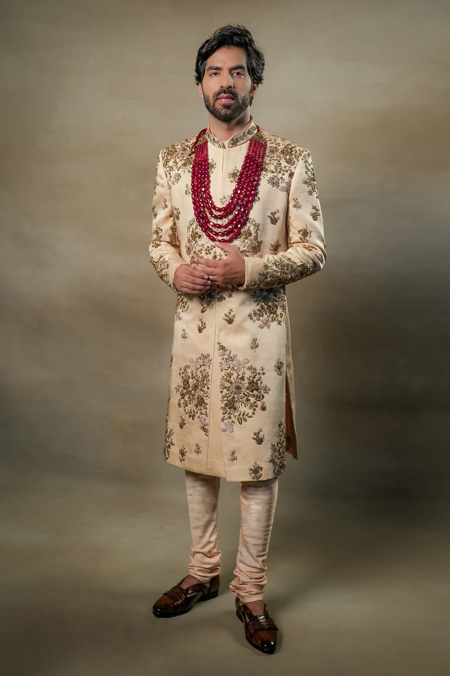 Buy Gold Linen Silk Frosted Almond Mughal Floral Work Sherwani Set For ...