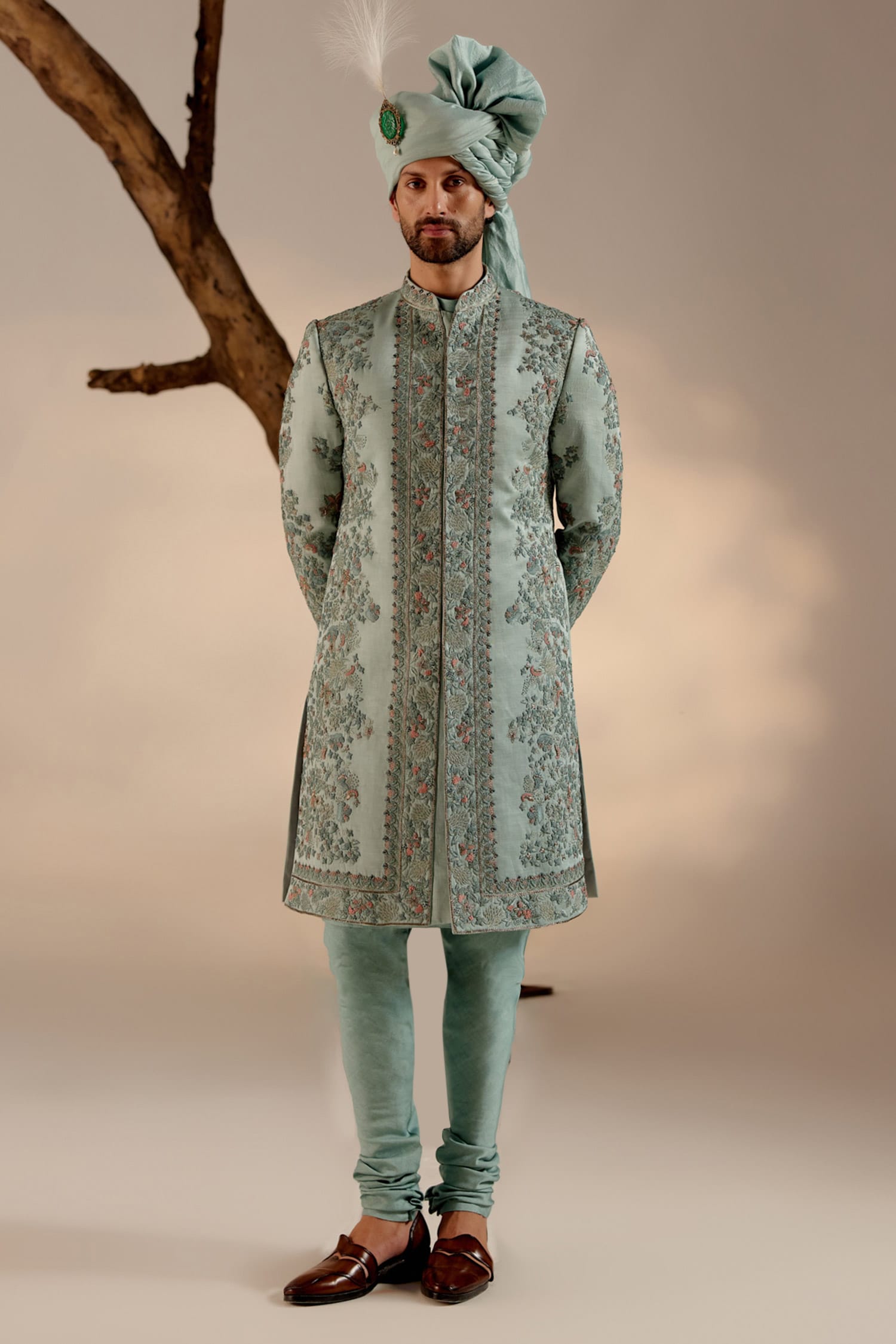Buy Jatin Malik Grey Linen Silk Garden Bloom Embroidered Sherwani Set Online | Aza Fashions