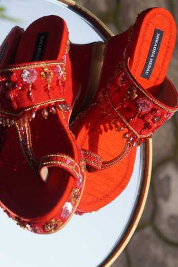 Buy Red Ruby Floral Embroidered Wedges by Shradha Hedau Footwear ...