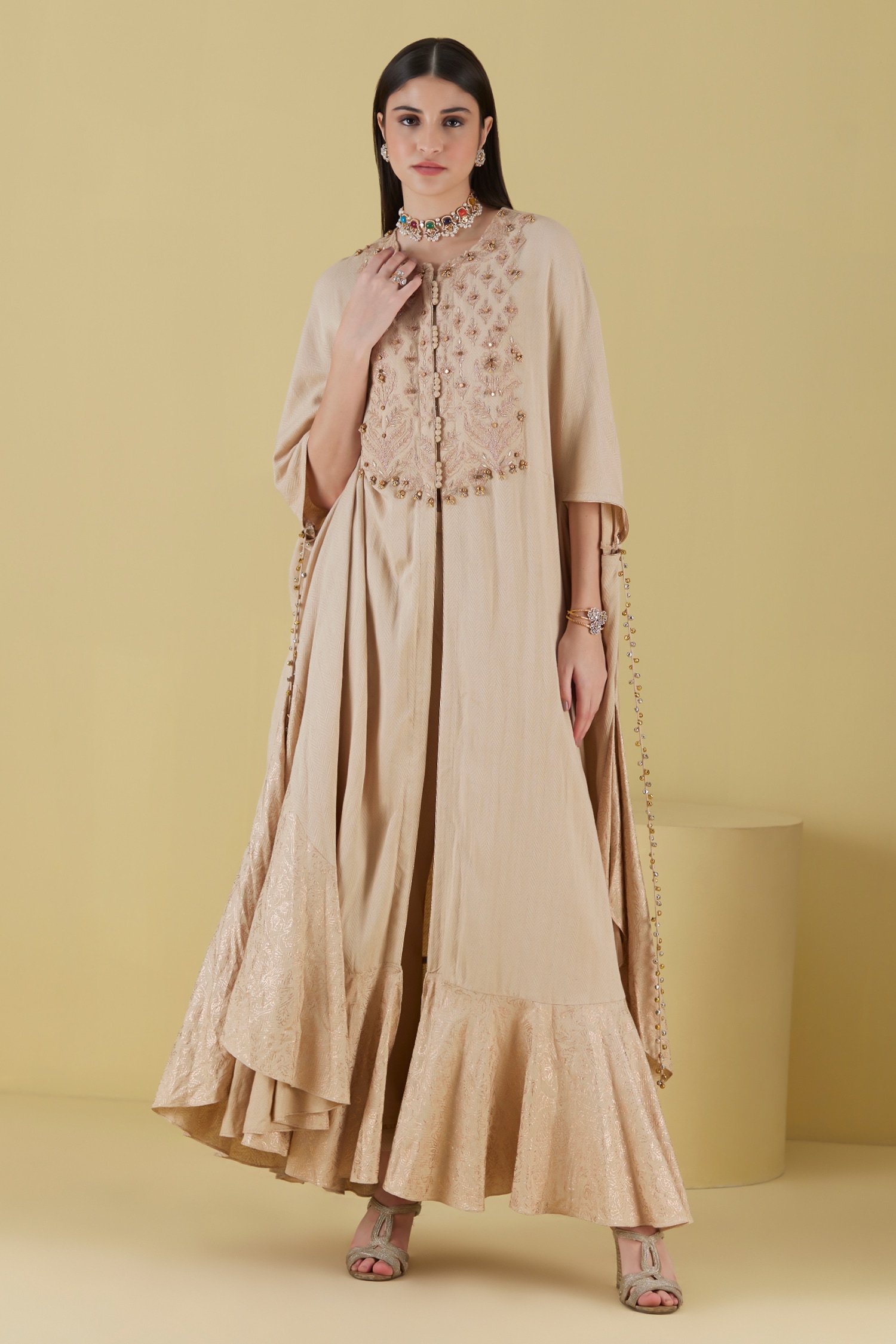 Buy Beige Rayon Flex Embroidery Lurex Floral Yoke Draped Kurta With ...