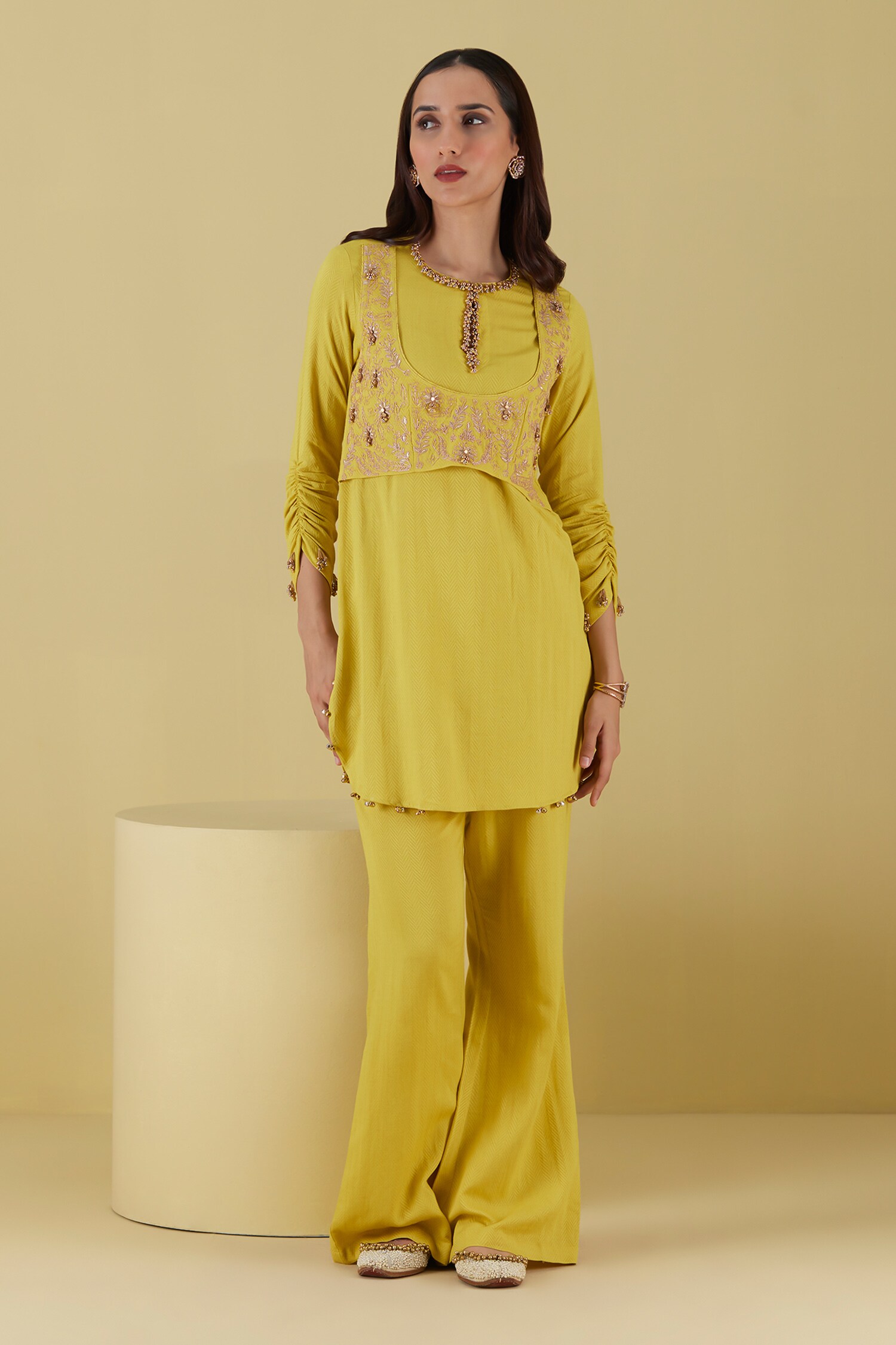 Buy Yellow Rayon Flex Placement Mock Waistcoat Tunic With Bell Bottom ...