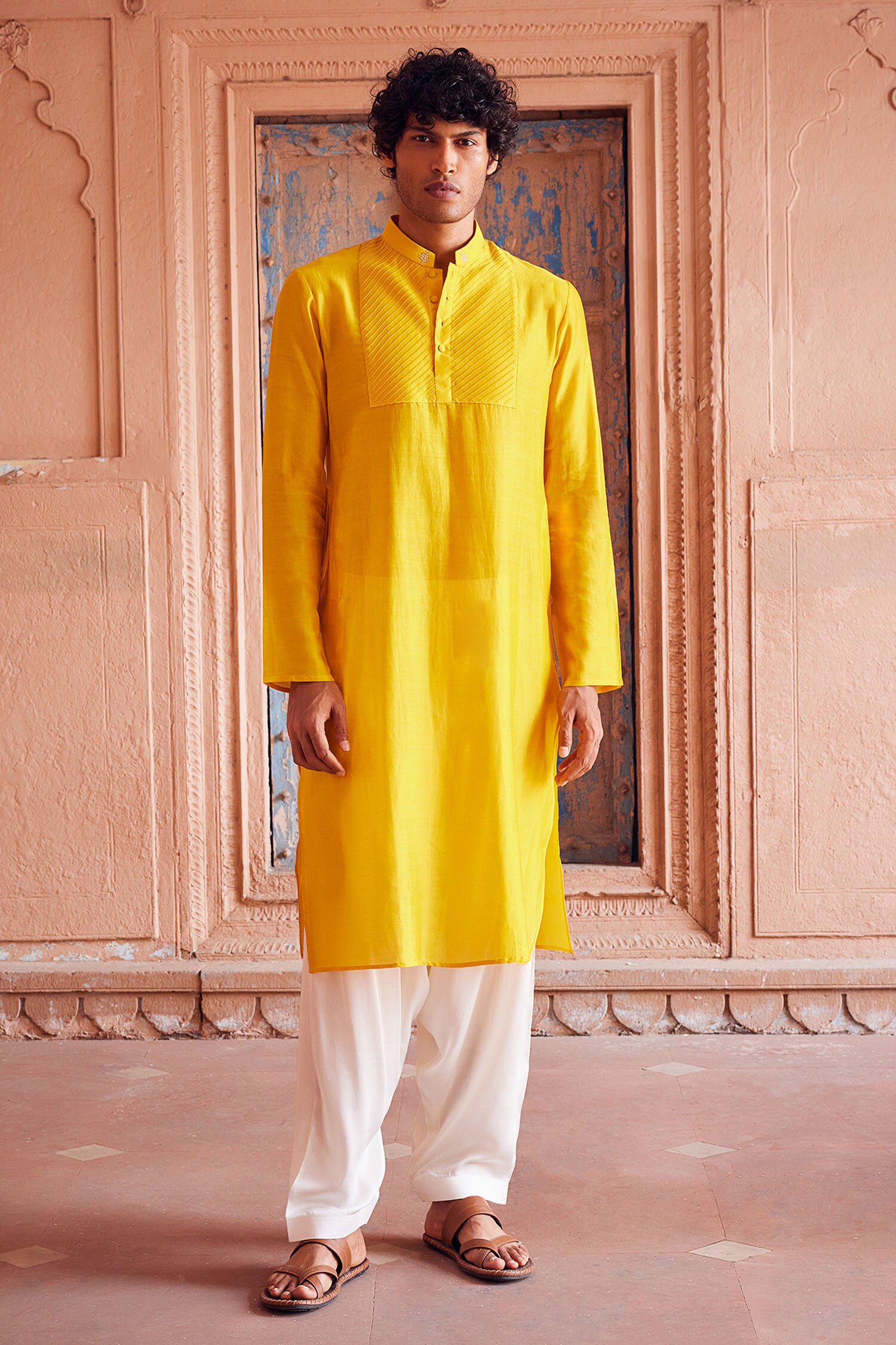 Buy Seema Nanda Yellow Chanderi Silk Ameer Pintucked Yoke Kurta Pant ...
