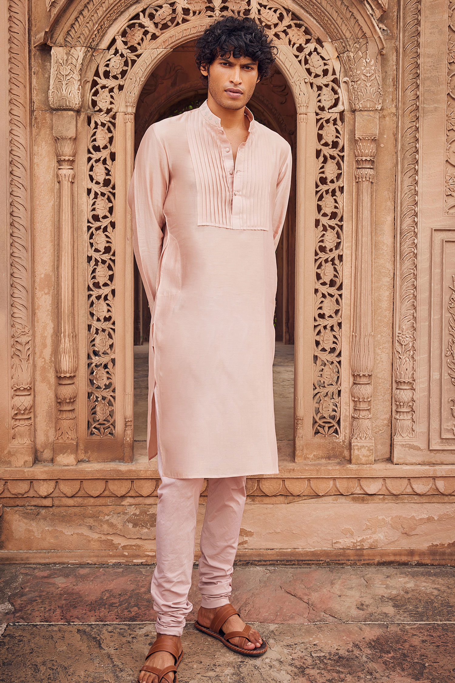Buy Seema Nanda Pink Chanderi Silk Kamal Pleated Yoke Kurta Pant Set ...