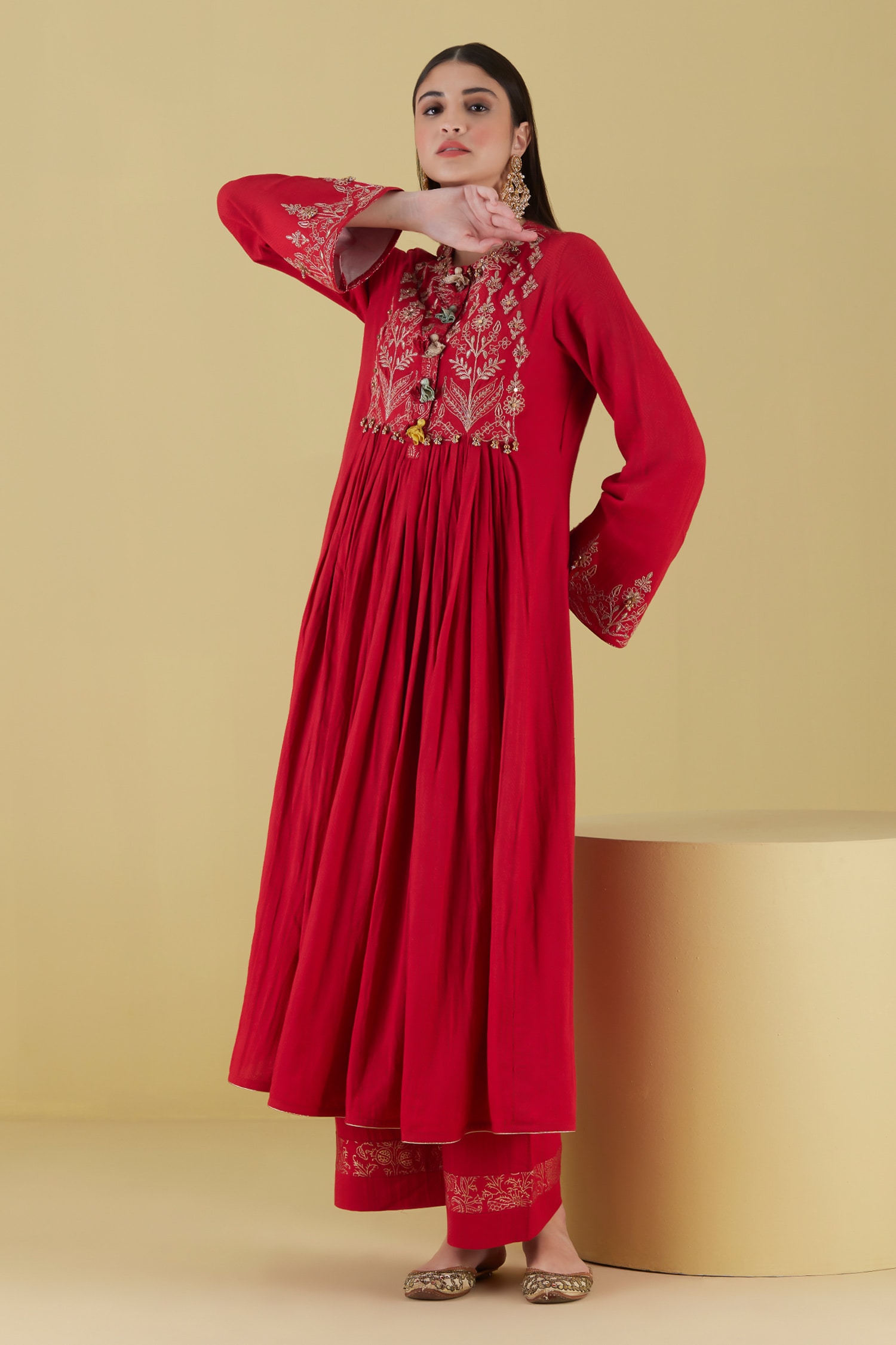 Buy Red Rayon Flex Embroidery Lurex Floral Yoke Anarkali With Palazzo ...