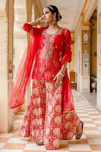 Buy Red Organza Hand Block Printed Atefa Embroidered Kurta Sharara Set ...