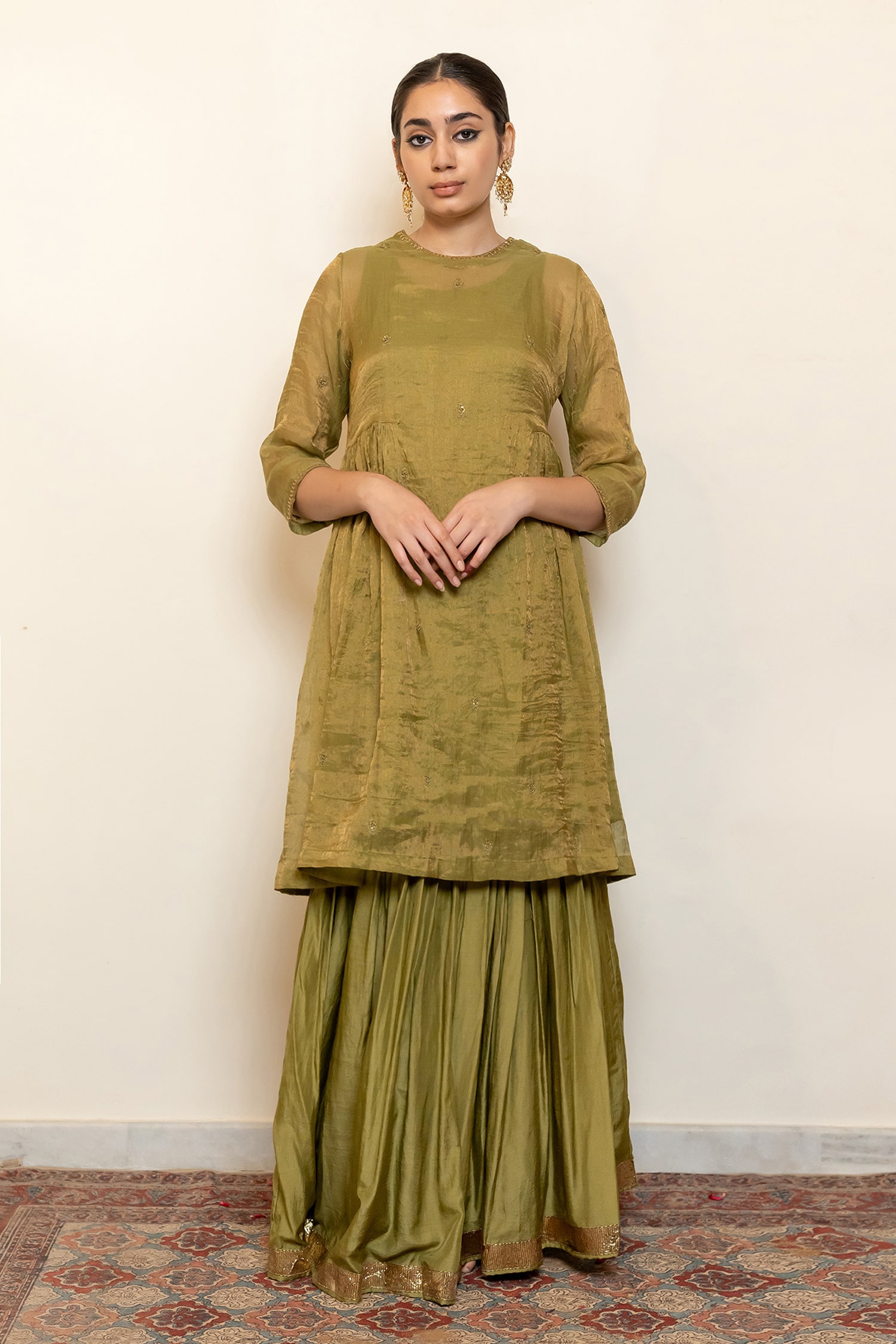 Buy Nirjara Green Zareen Half Moon Embroidered Kurta With Gharara ...