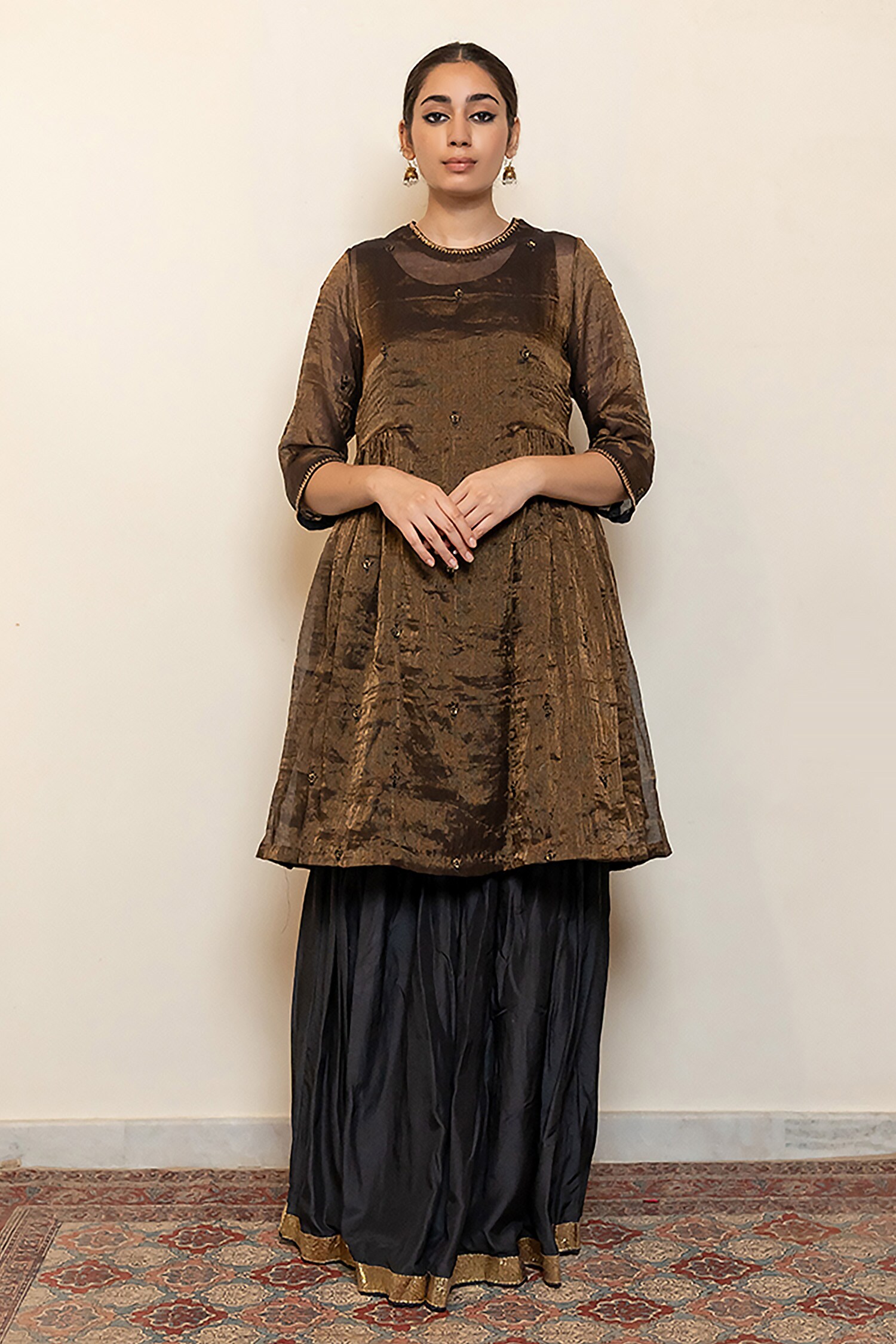 Buy Nirjara Black Chanderi Tissue Floral Embroidered Kurta With Gharara ...