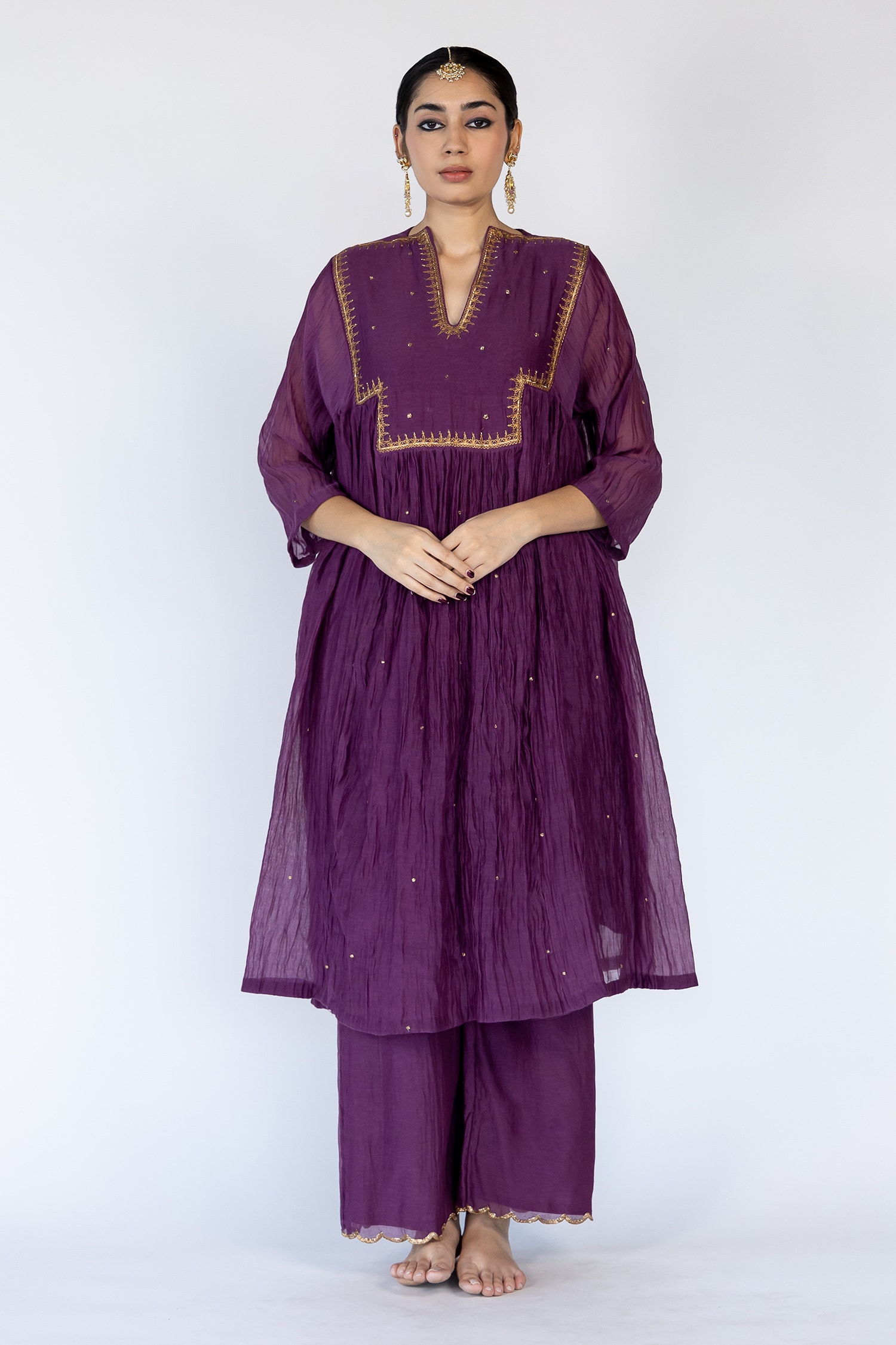 Buy Purple Chanderi Cotton Embroidered Farah Flared Yoke Kurta With ...