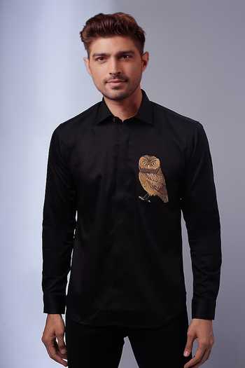 Buy SAMMOHAN CEREMONIAL Black Cotton Owl Placement Aari Embroidered ...