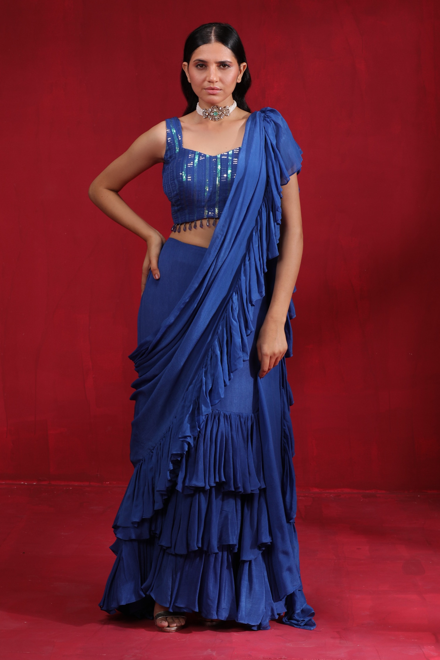 Buy Blue Chiffon Hand Embroidered Sequin And Pre-stitched Ruffle Saree ...