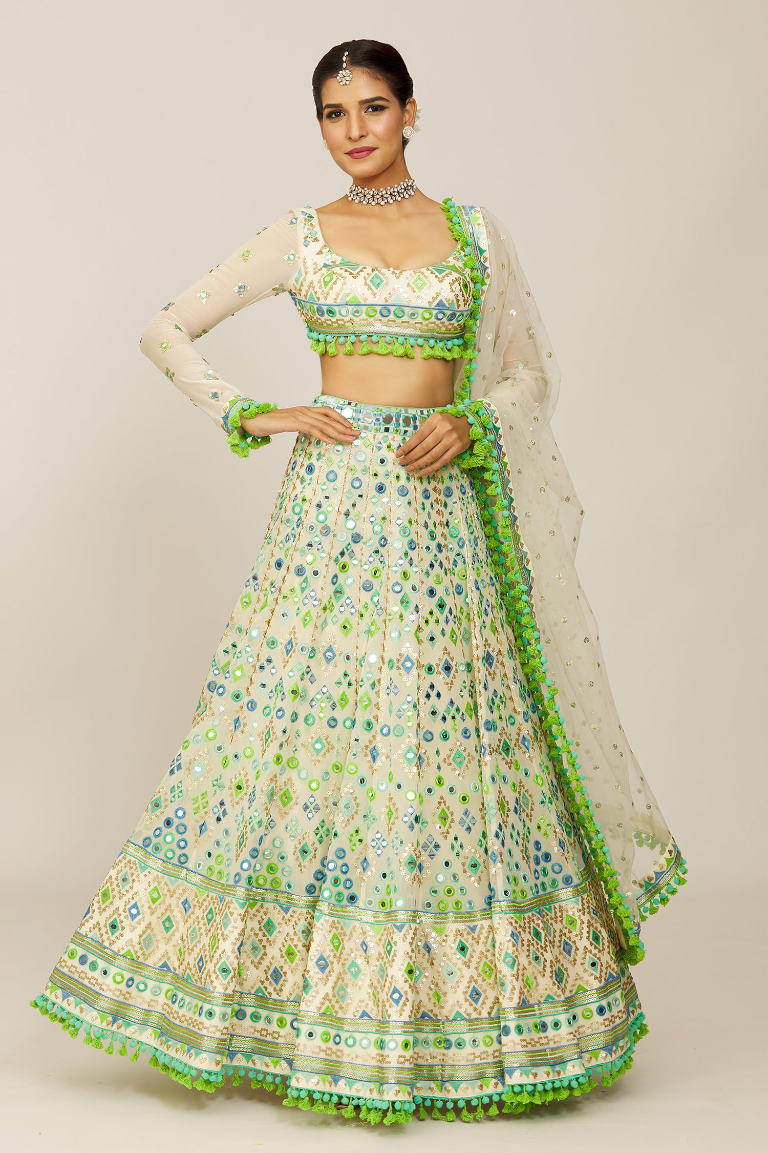 Buy Ivory Lehenga And Blouse: Georgette Embroidered Hand Alani Set For ...