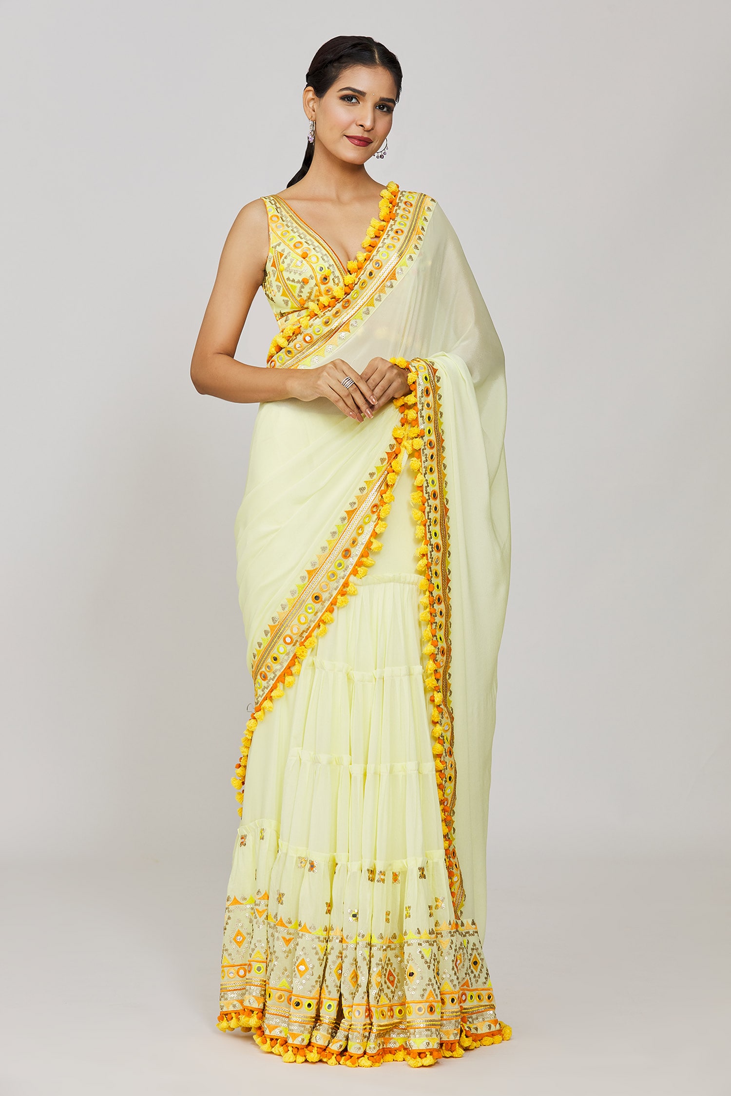 Buy Gopi Vaid Yellow Srini Re-draped Tiered Saree With Blouse Online ...
