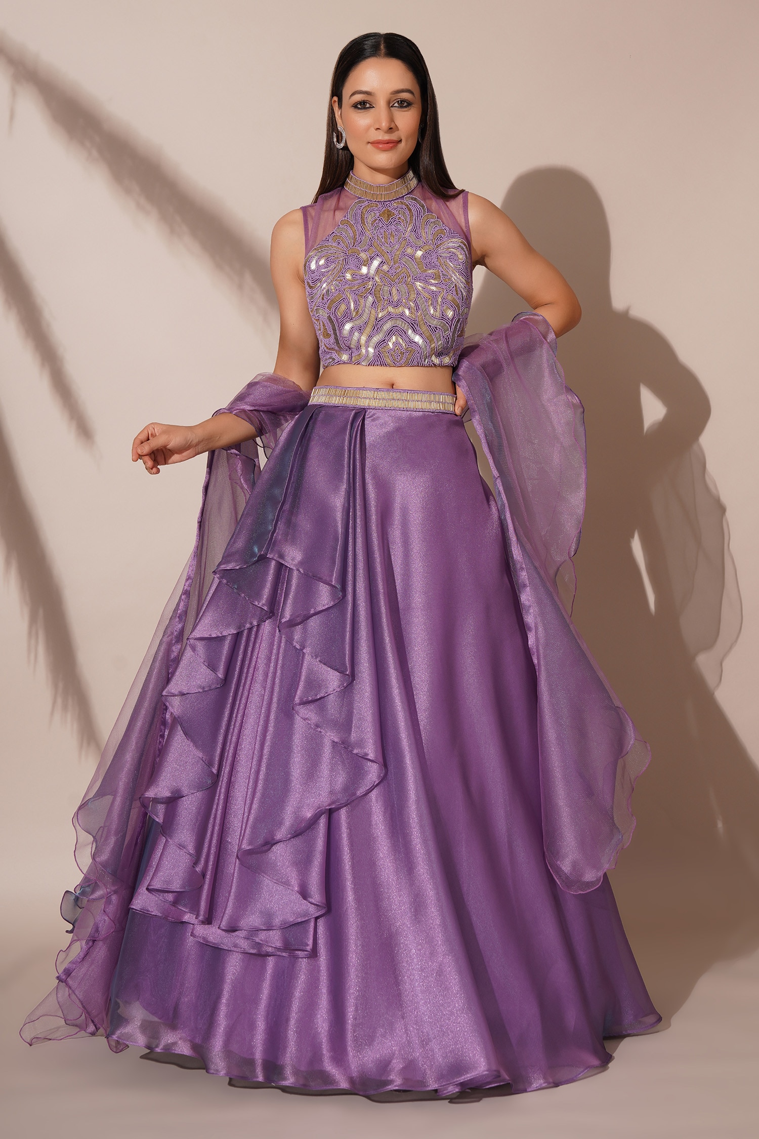 Buy Purple Organza Embroidery Nalki Round And Beads Blouse Lehenga Set ...