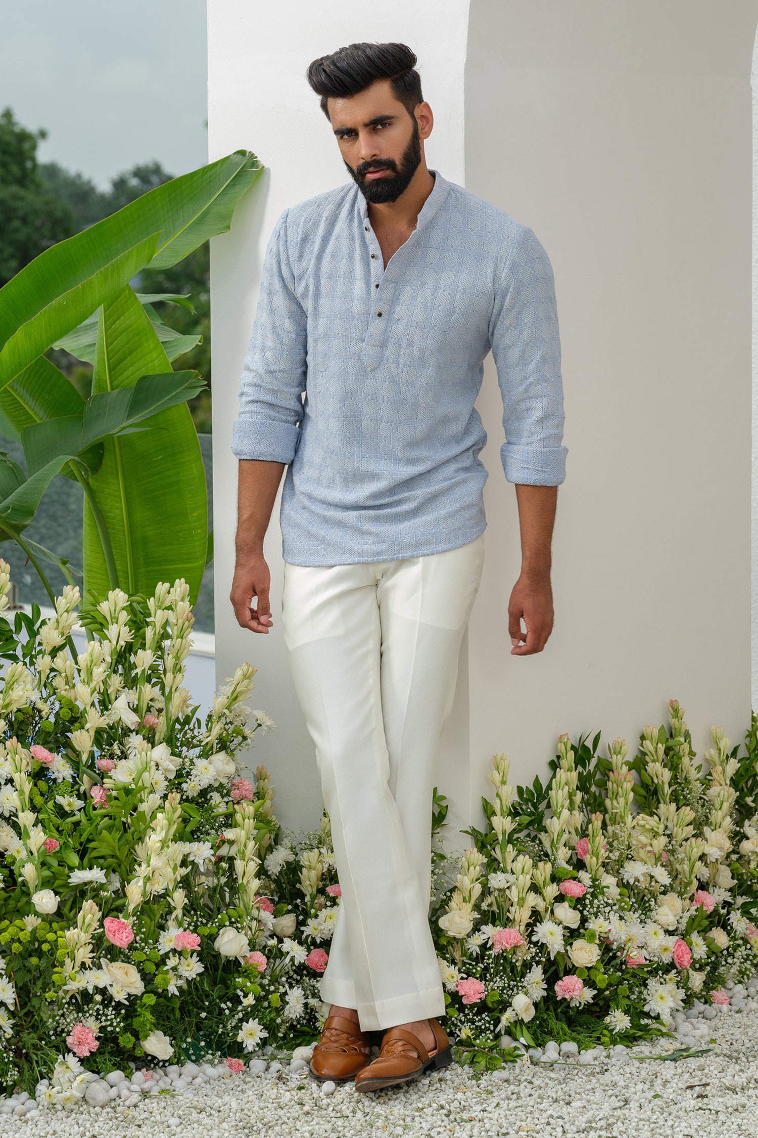 Buy Blue Embroidered Geometric Thread Short Kurta For Men by Amrit ...