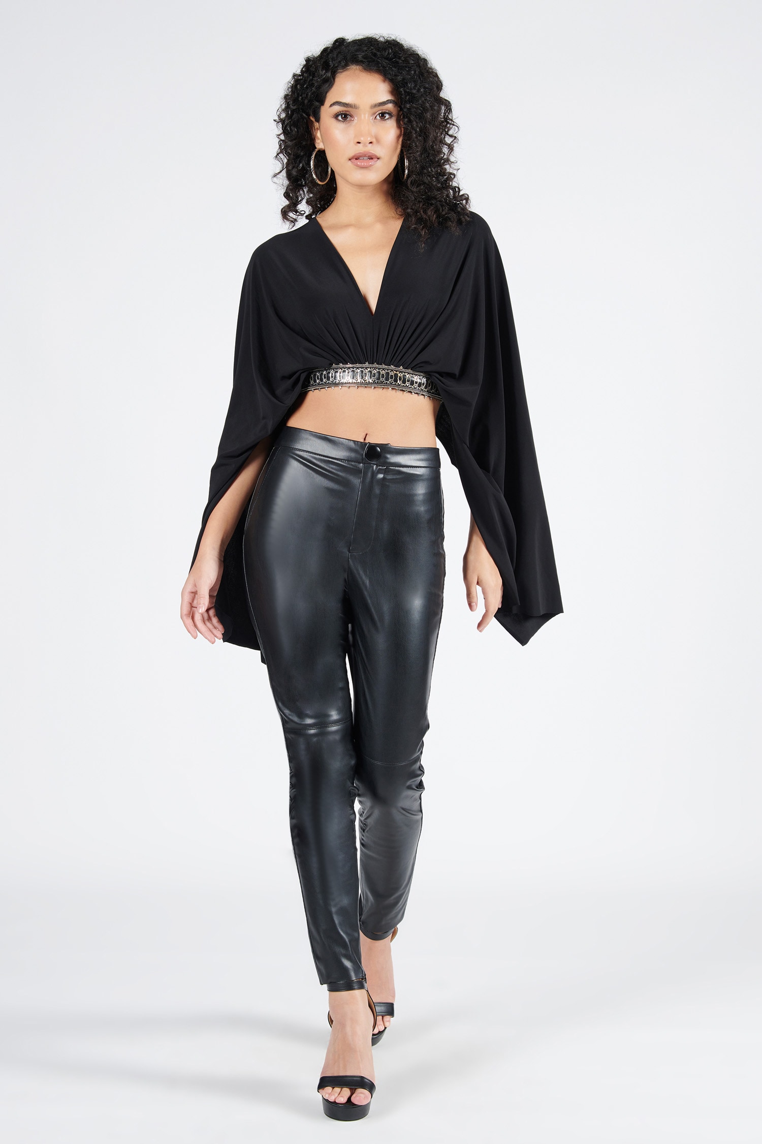 Buy Black Poly Jersey Spandex Exaggerated Draped Sleeve Crop Top For ...