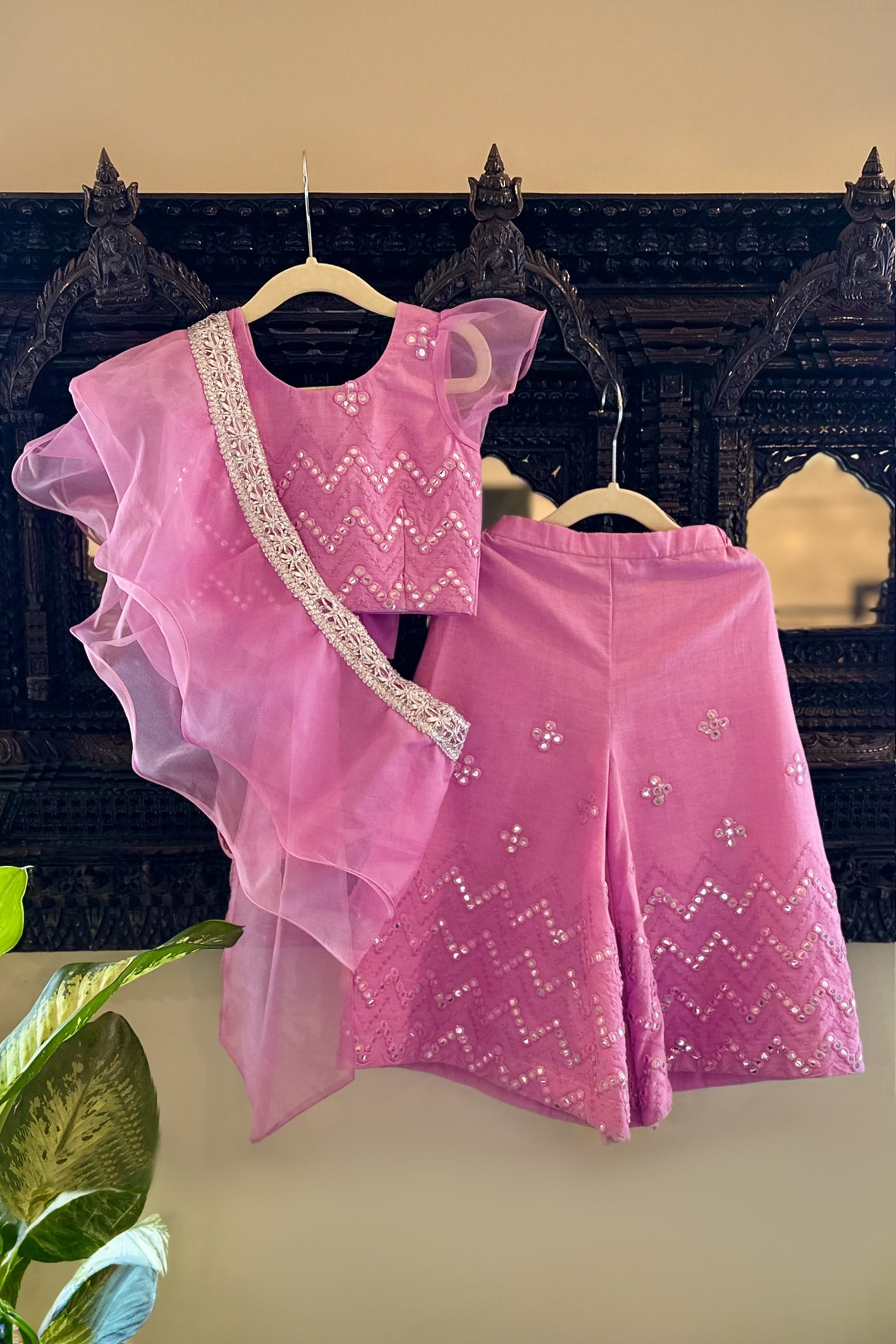 Buy Rage Attire-Sweta Saria Purple Foil Mirror Work Crop Top Flared ...