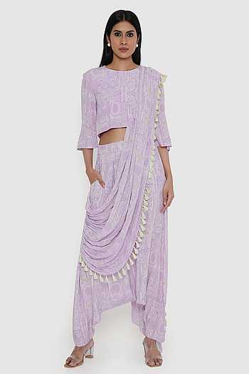 Buy Payal Singhal Purple Crepe Abstract Floral Print Dhoti Pant Saree ...