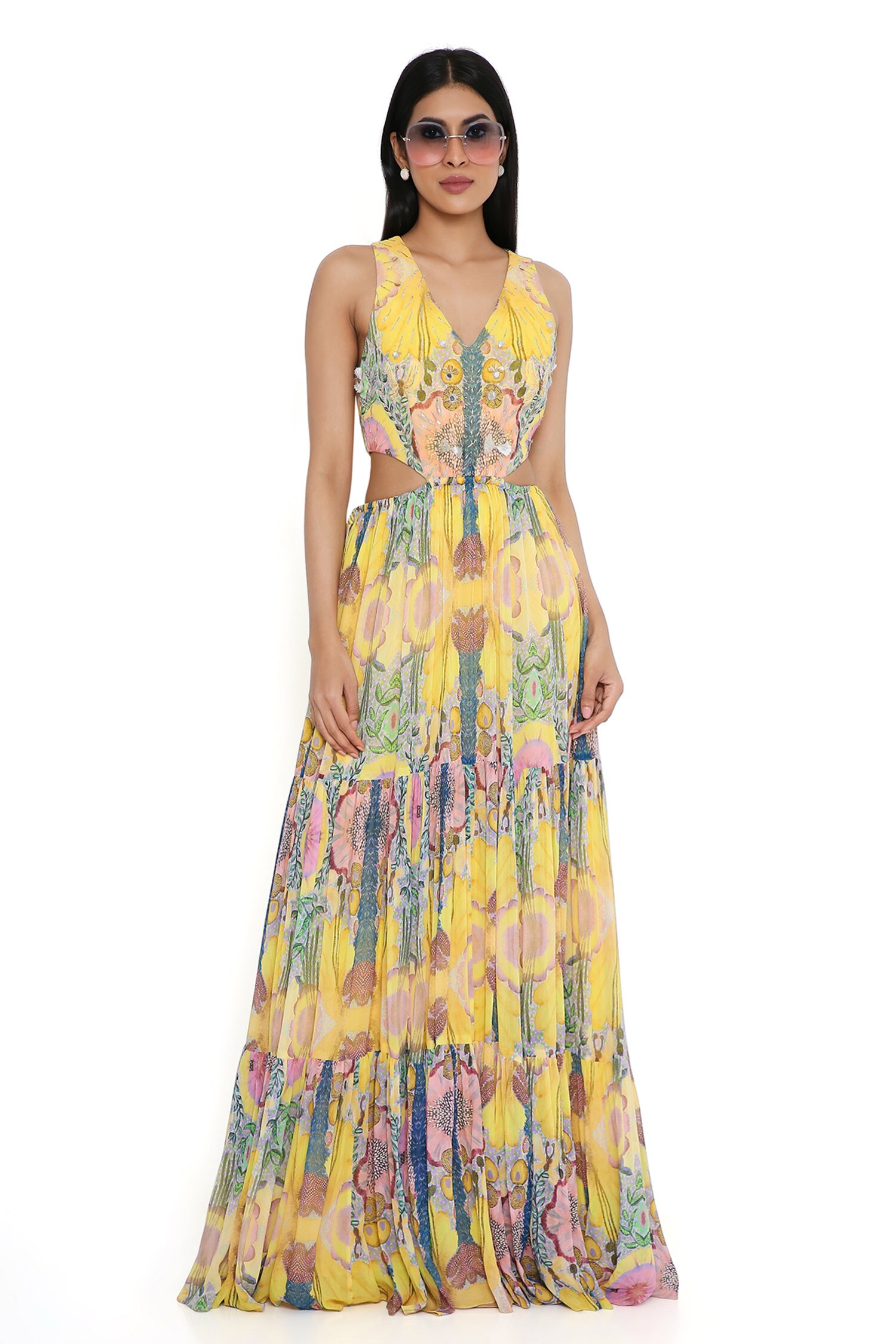 Buy Payal Singhal Yellow Georgette Abstract Floral Print Dress Online ...