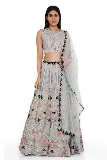 Buy Payal Singhal Grey Georgette Geometric Embroidered Lehenga Set ...