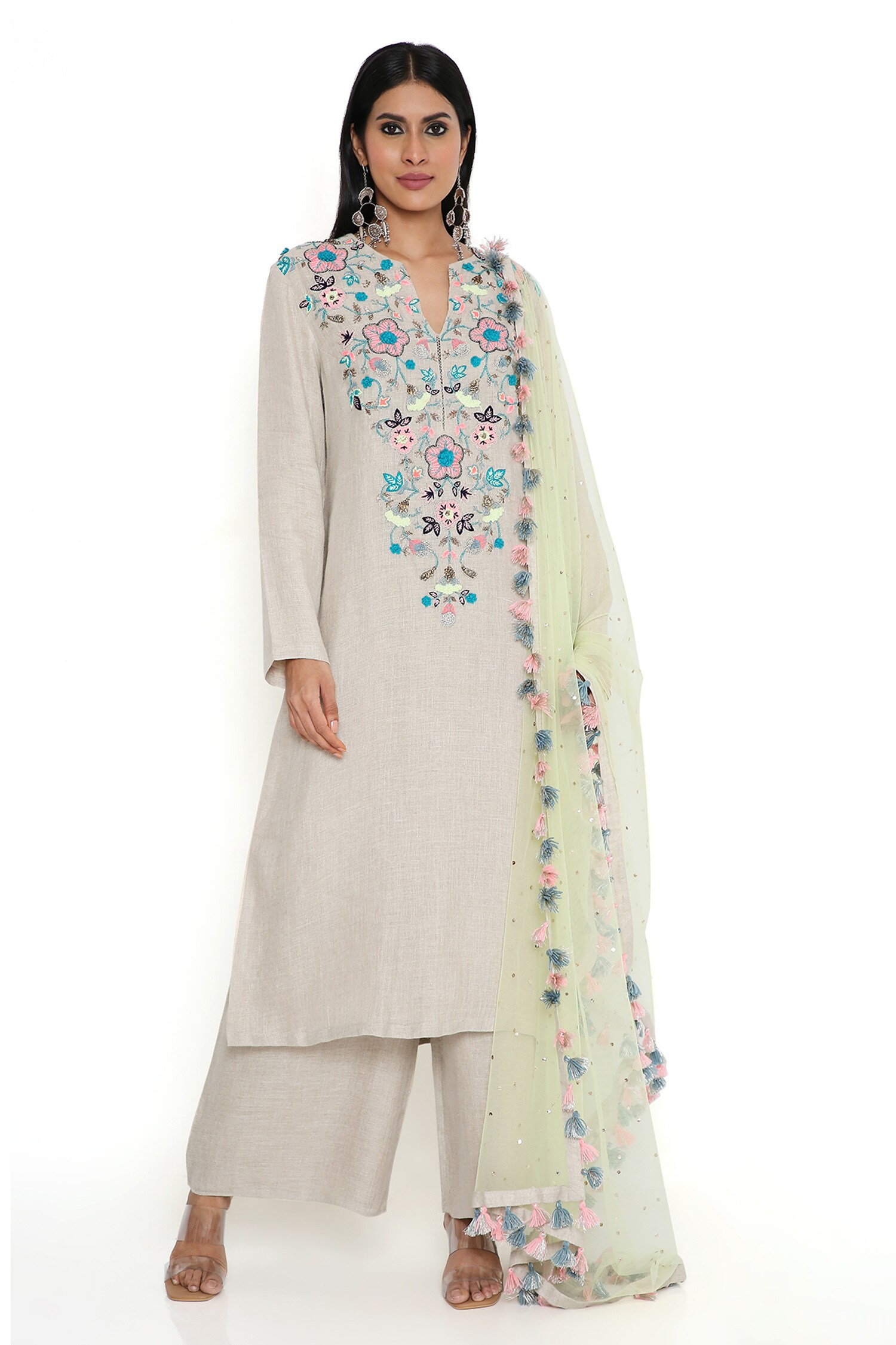 Buy Payal Singhal Cream Linen Floral Embroidered Kurta Pant Set Online ...