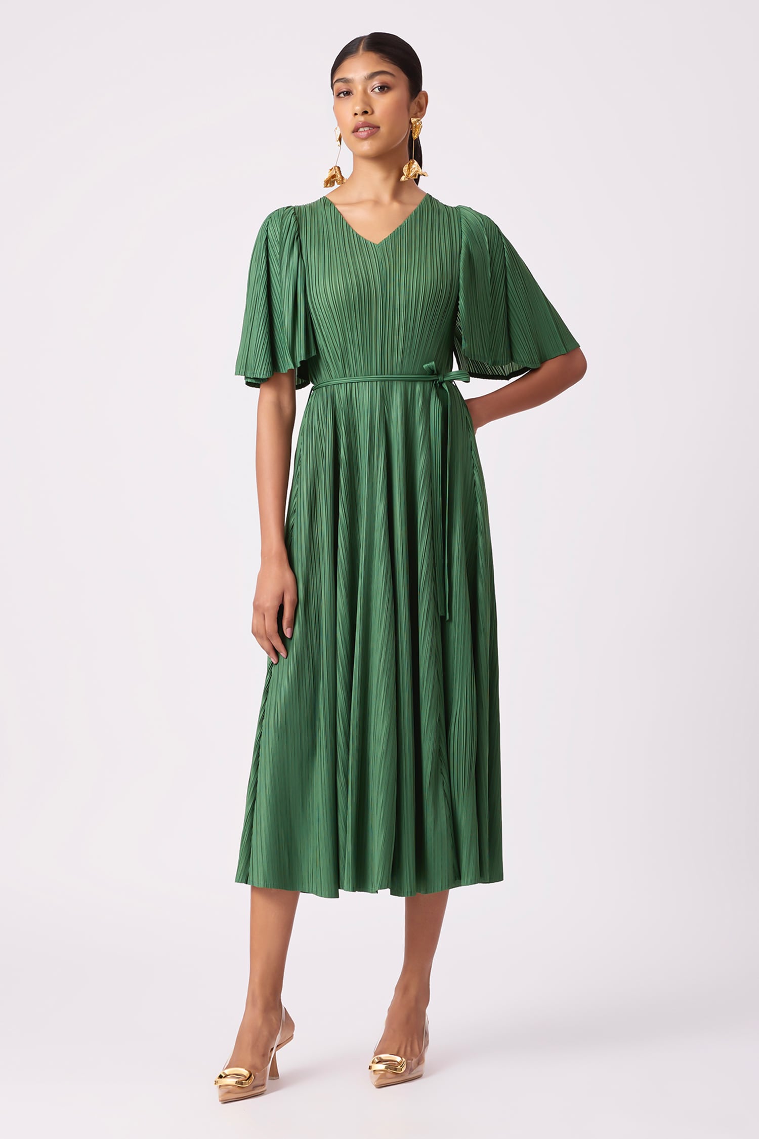 Buy Scarlet Sage Green Polyester Ingrid Pleated Midi Dress With Belt ...