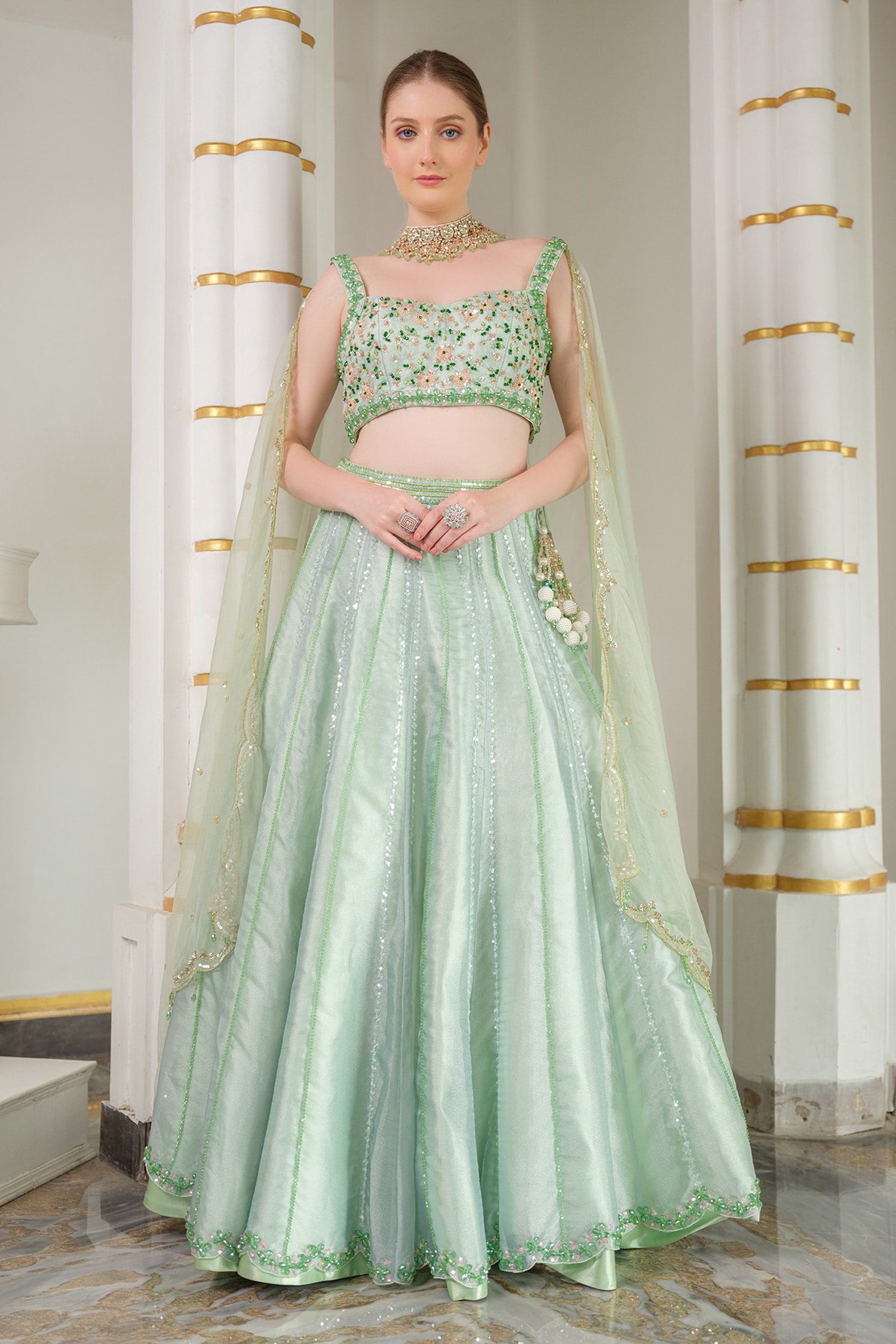 Buy Tamaraa By Tahani Green Heavy Satin Bead Embroidered Lehenga Set ...