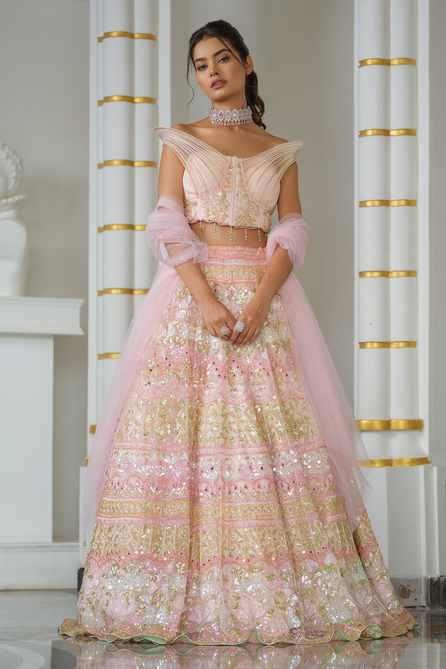 Buy Tamaraa By Tahani Pink Tulle Floral Sequin Embroidered Lehenga Set ...