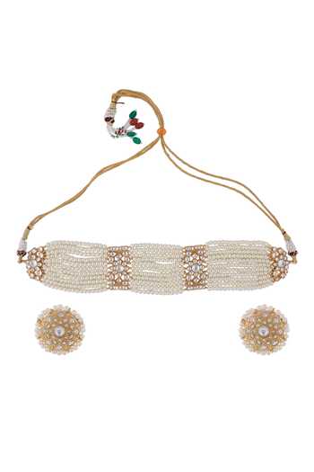Buy White Jadtar Stones And Pearls Embellished Choker Necklace Set by ...