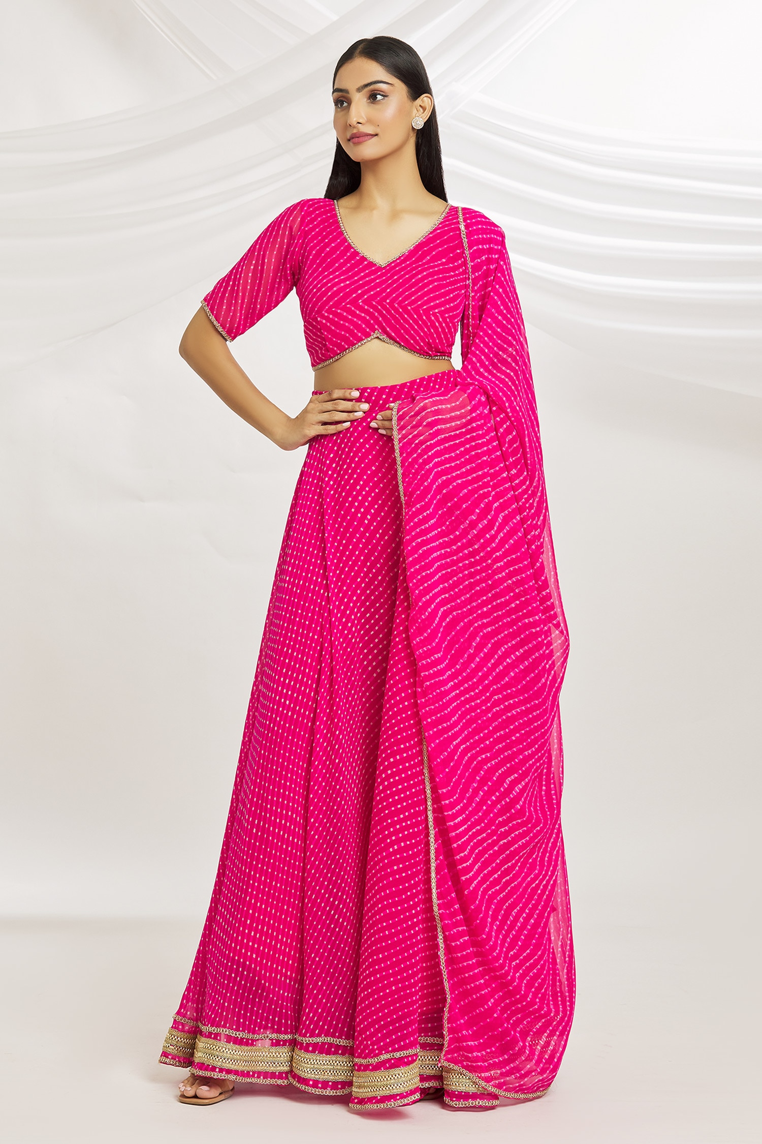 Buy Pink Georgette Leheriya V-neck Pattern Lehenga Set For Women by ...