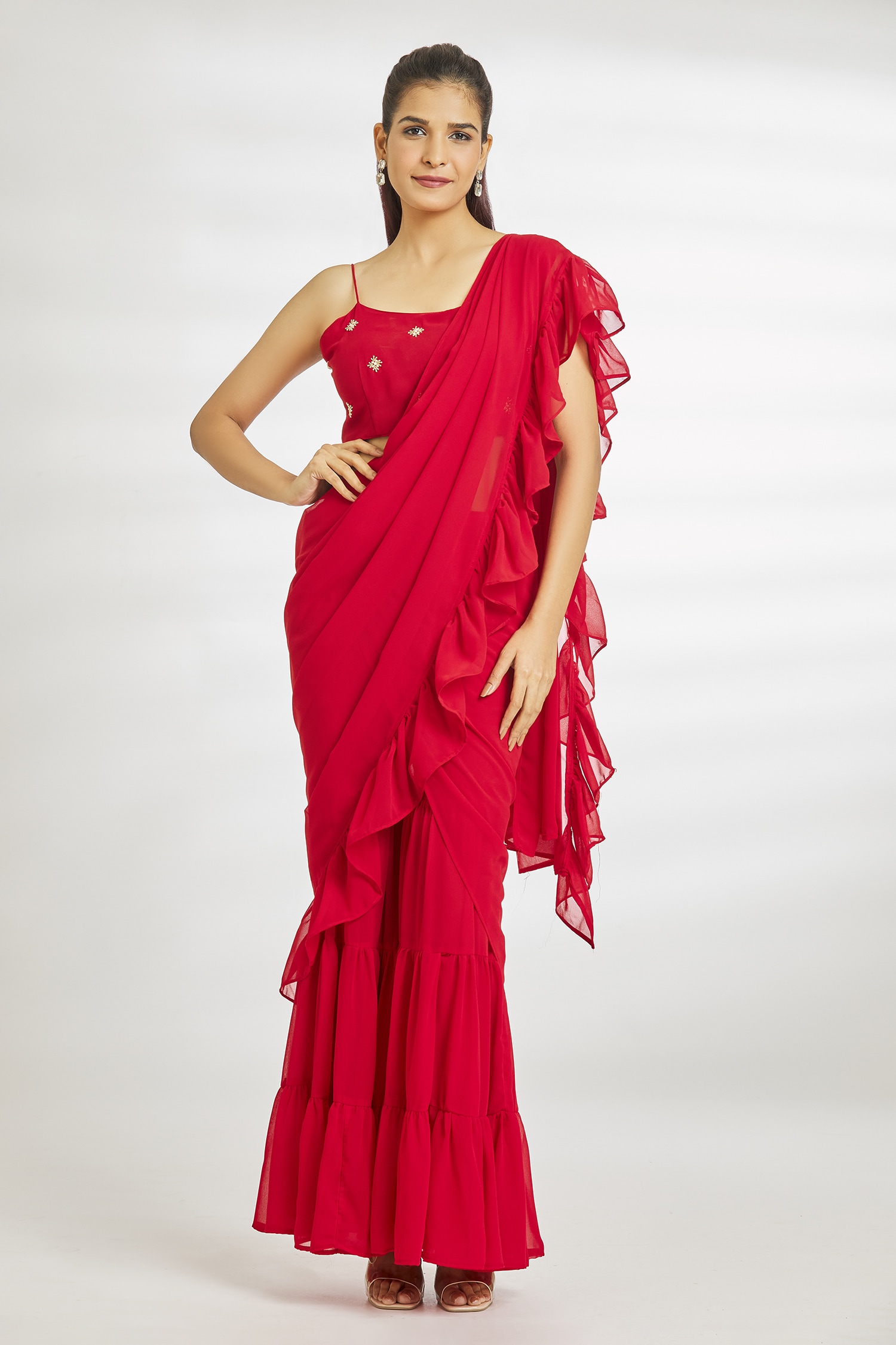 Buy Samyukta Singhania Red Georgette Ruffled Sharara Pre-draped Saree ...
