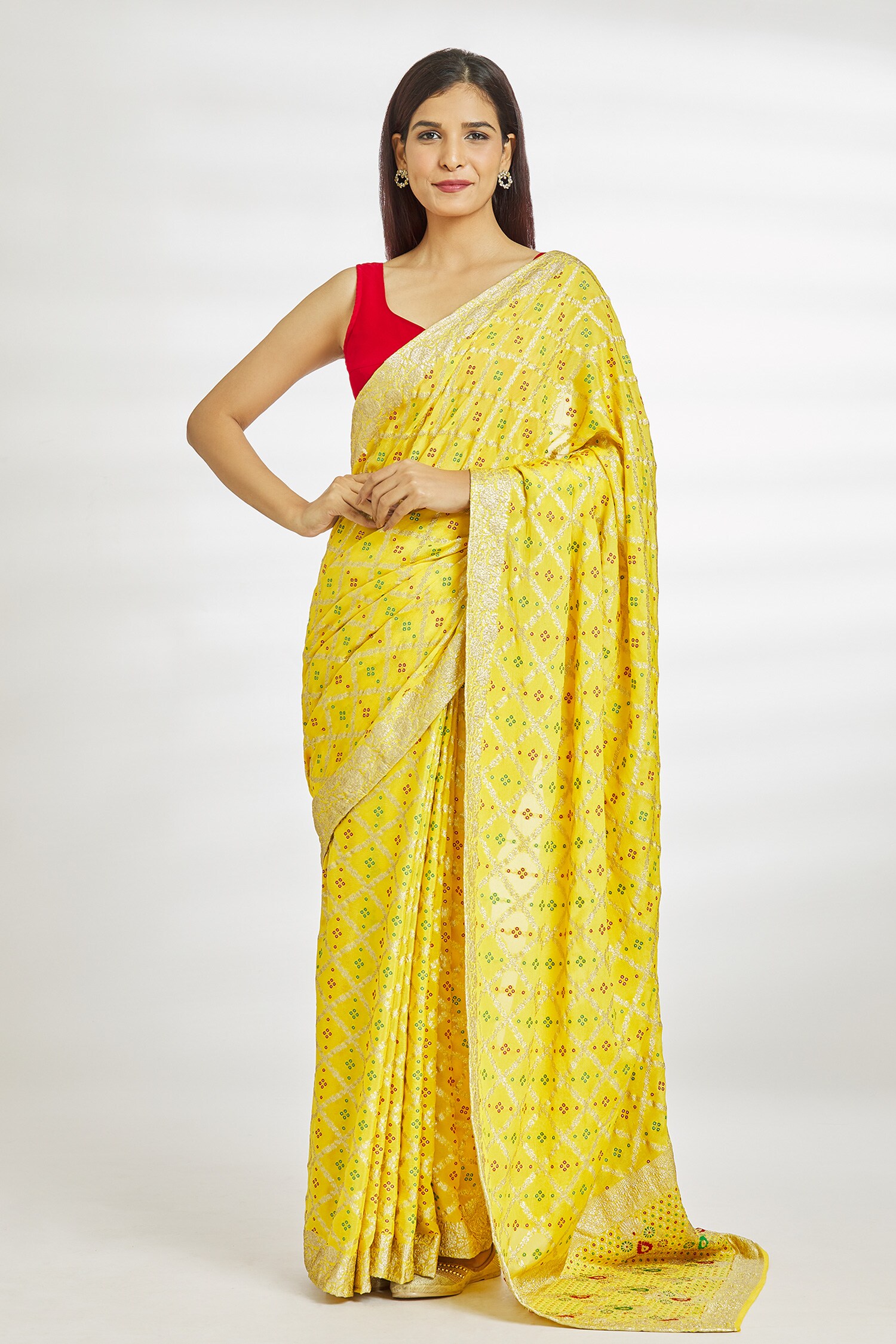 Buy Samyukta Singhania Yellow Chinon Bandani Pattern Zari Border Saree ...