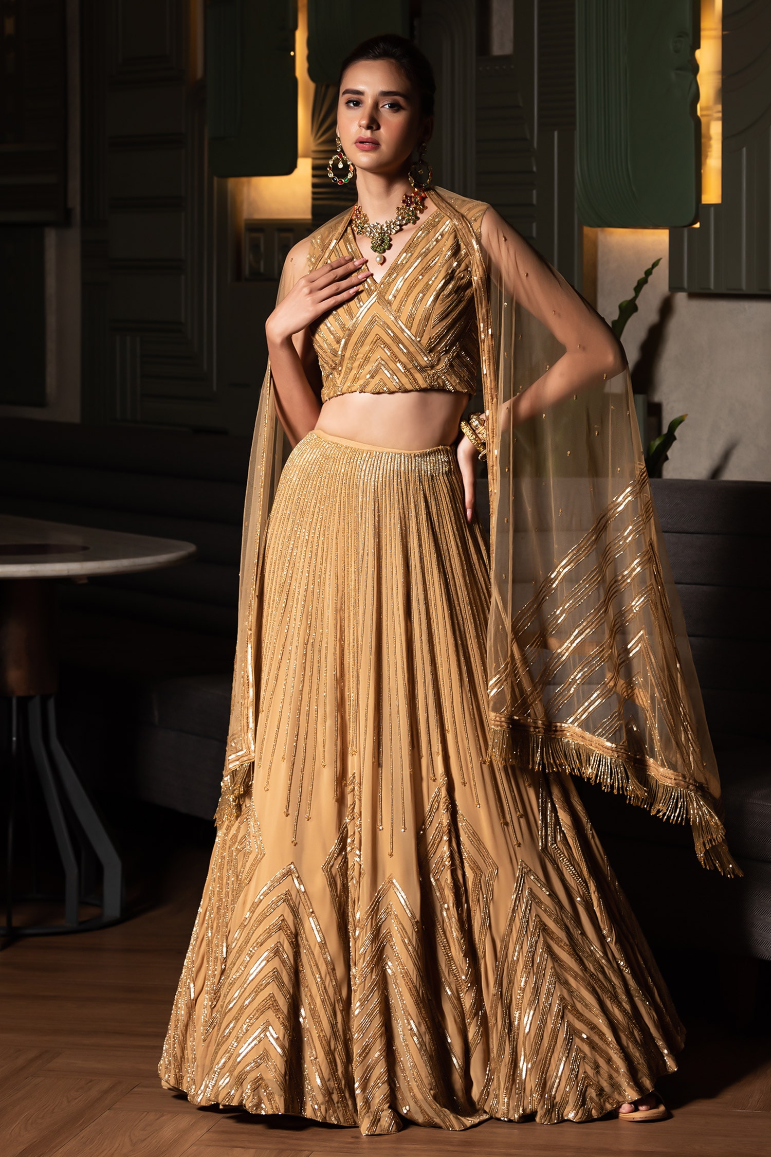 Buy Midushi Bajoria Gold Geometric Sequin Embroidered Lehenga Set ...
