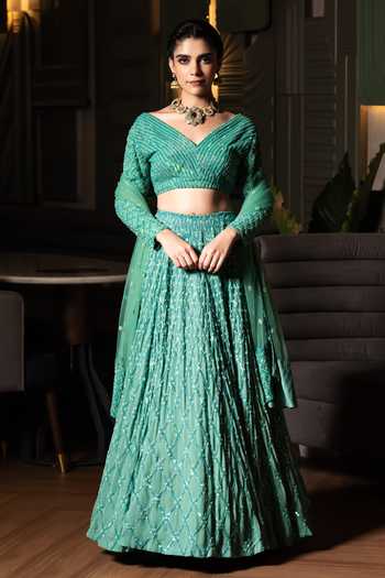Buy Midushi Bajoria Green Sequin Jaal Embellished Lehenga Set Online ...