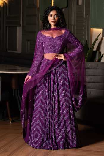 Buy Midushi Bajoria Purple Chevron Sequin Embellished Lehenga Set ...