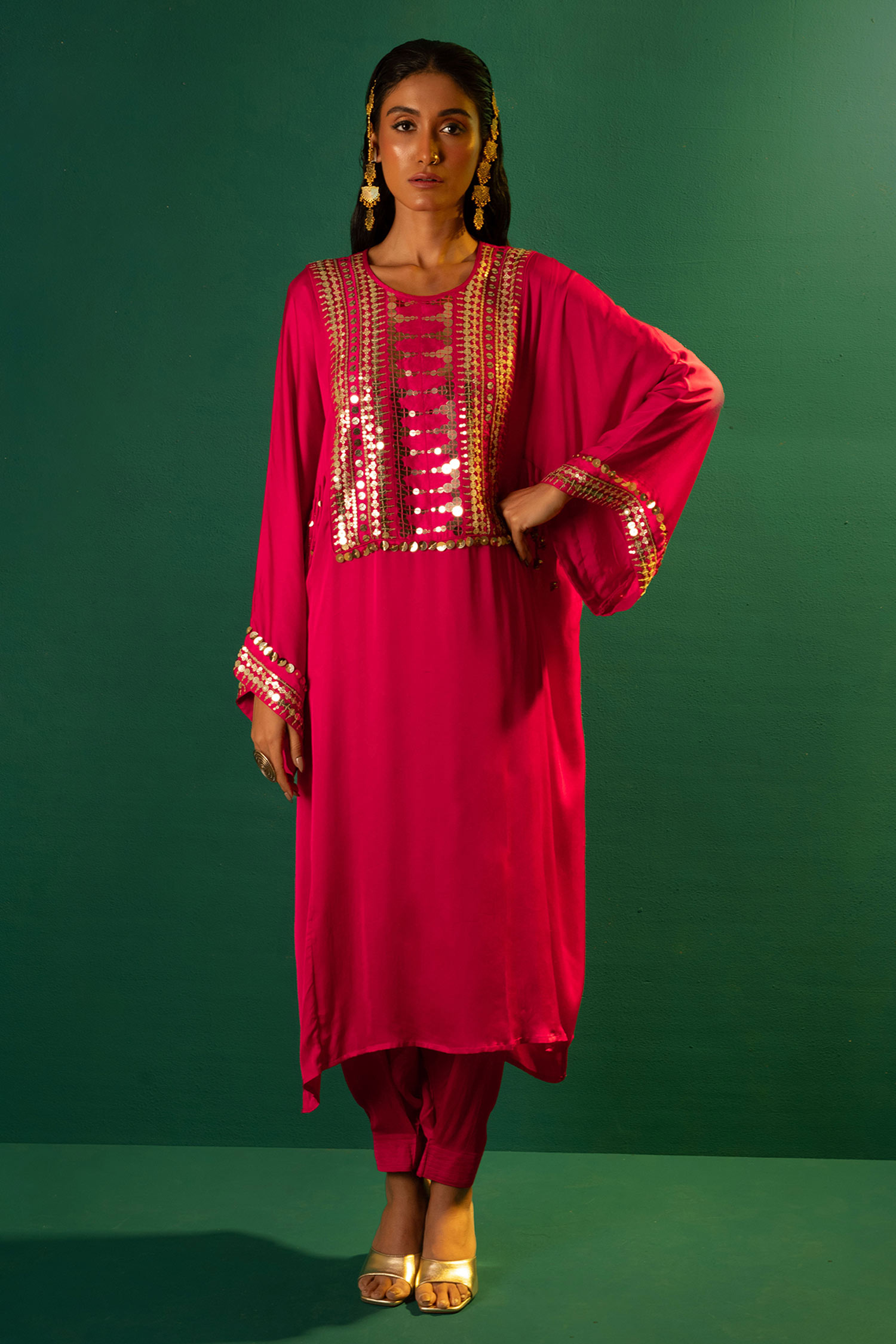 Buy Fuchsia Satin Hand Embroidered Marrakech Yoke Kurta And Salwar Set For Women by Prahnaaya ...