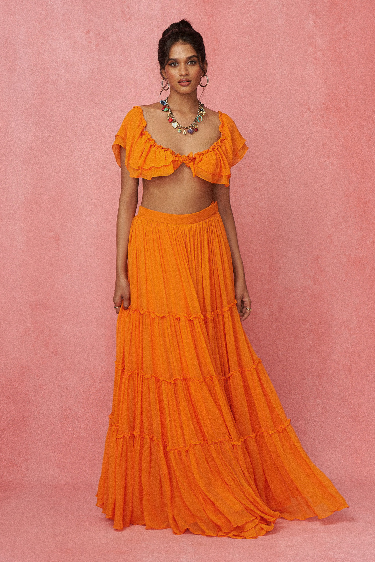 Buy Orange Viscose Georgette Broad Scoop Frilled Crop Top Skirt Set For ...