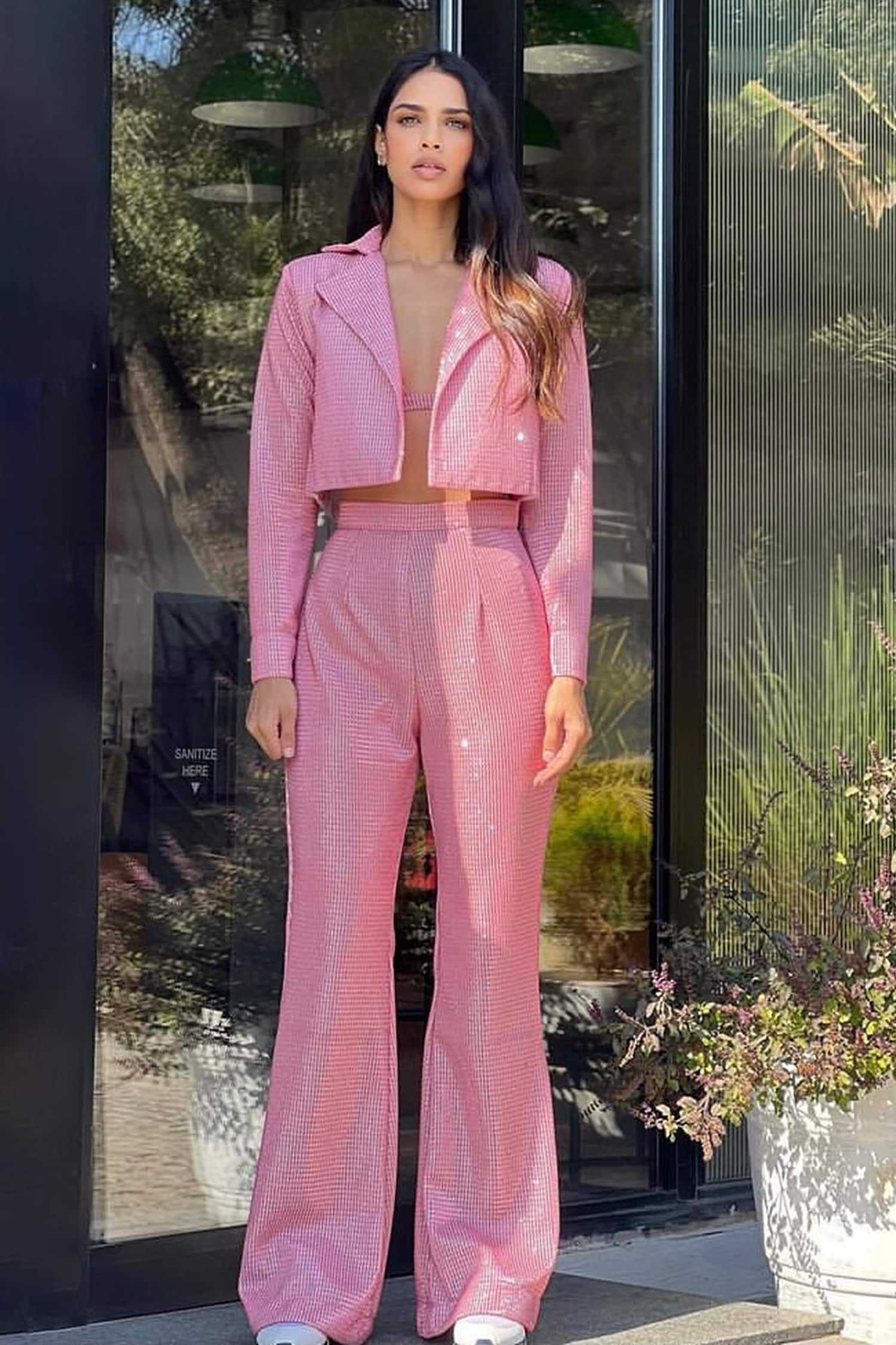 Buy Pink Shimmer Polyester Lapel Collar Crop Blazer And Pant Set For ...