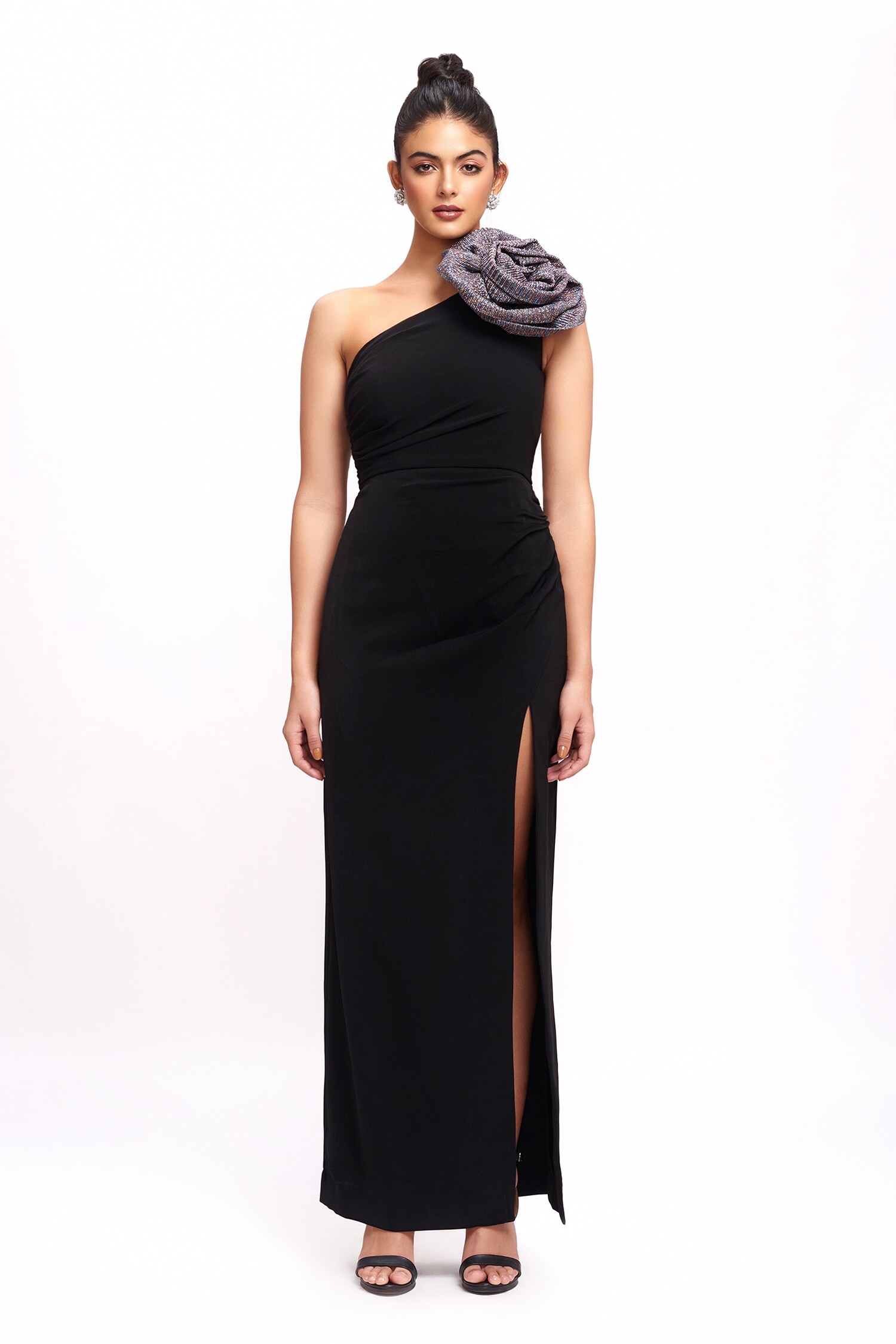 Buy Label Frow Black Banana Crepe Elizabeth Flower Embellished Gown ...