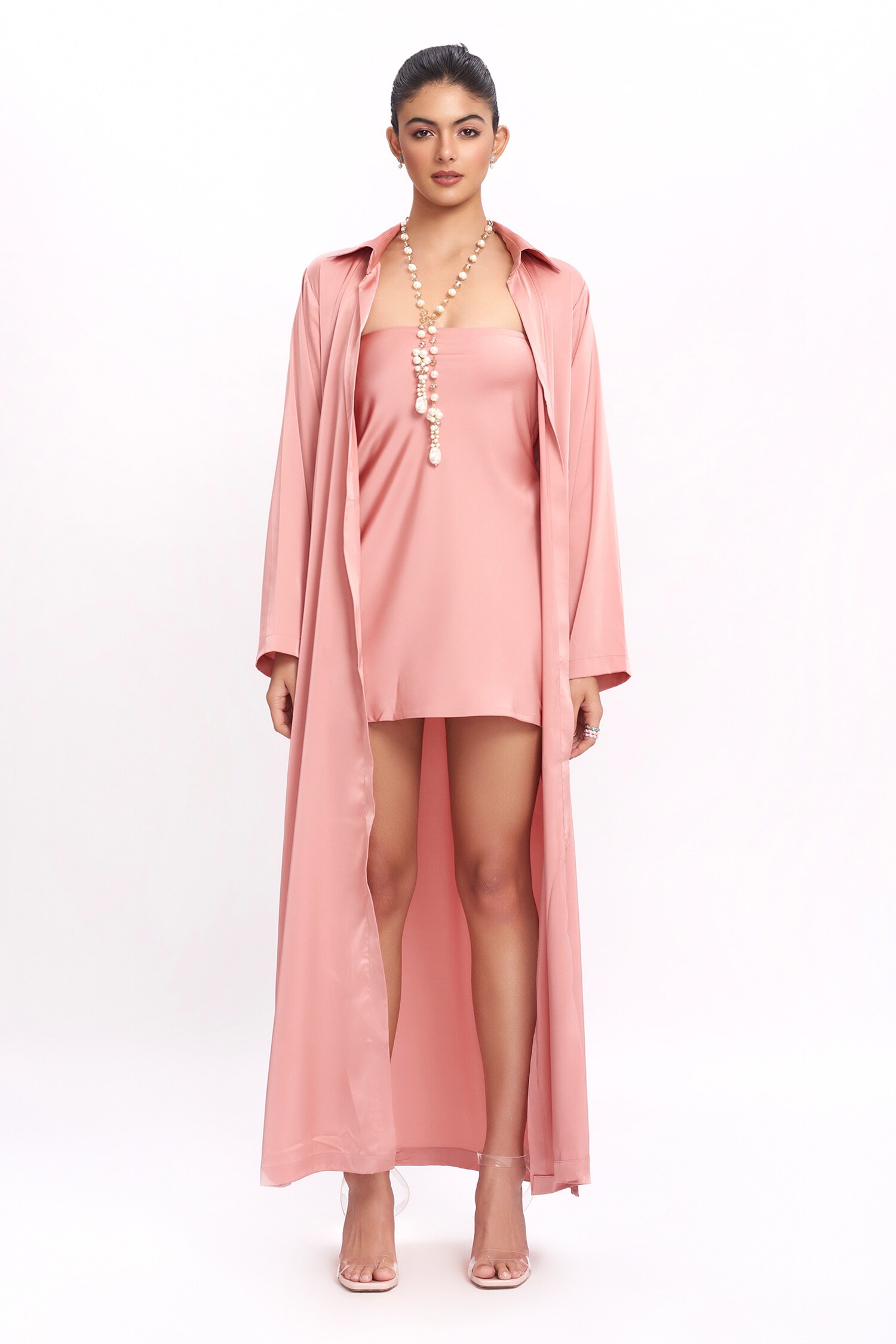 Buy Label Frow Peach Liquid Satin Long Cape And Dress Set Online | Aza ...