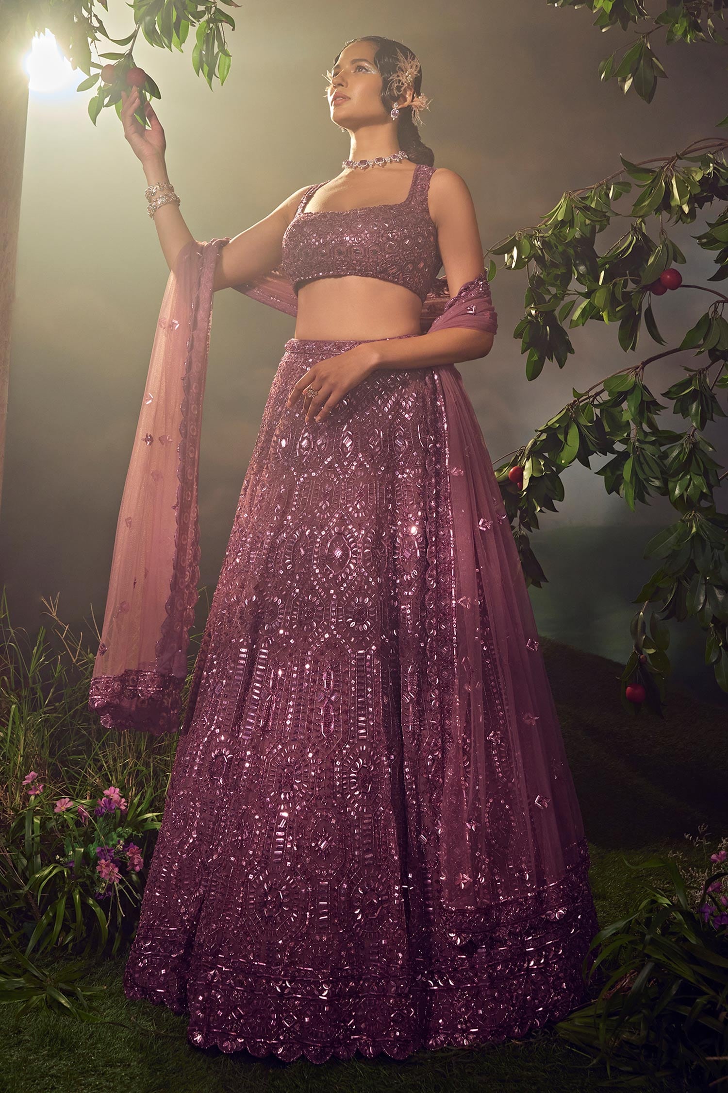 Buy Purple Net Hand Embroidered Sequins Geometric Bridal Lehenga Set
