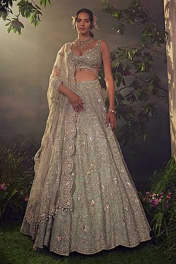 Buy Green Organza Embellished Sequin Plunged Pearl And Bridal Lehenga ...