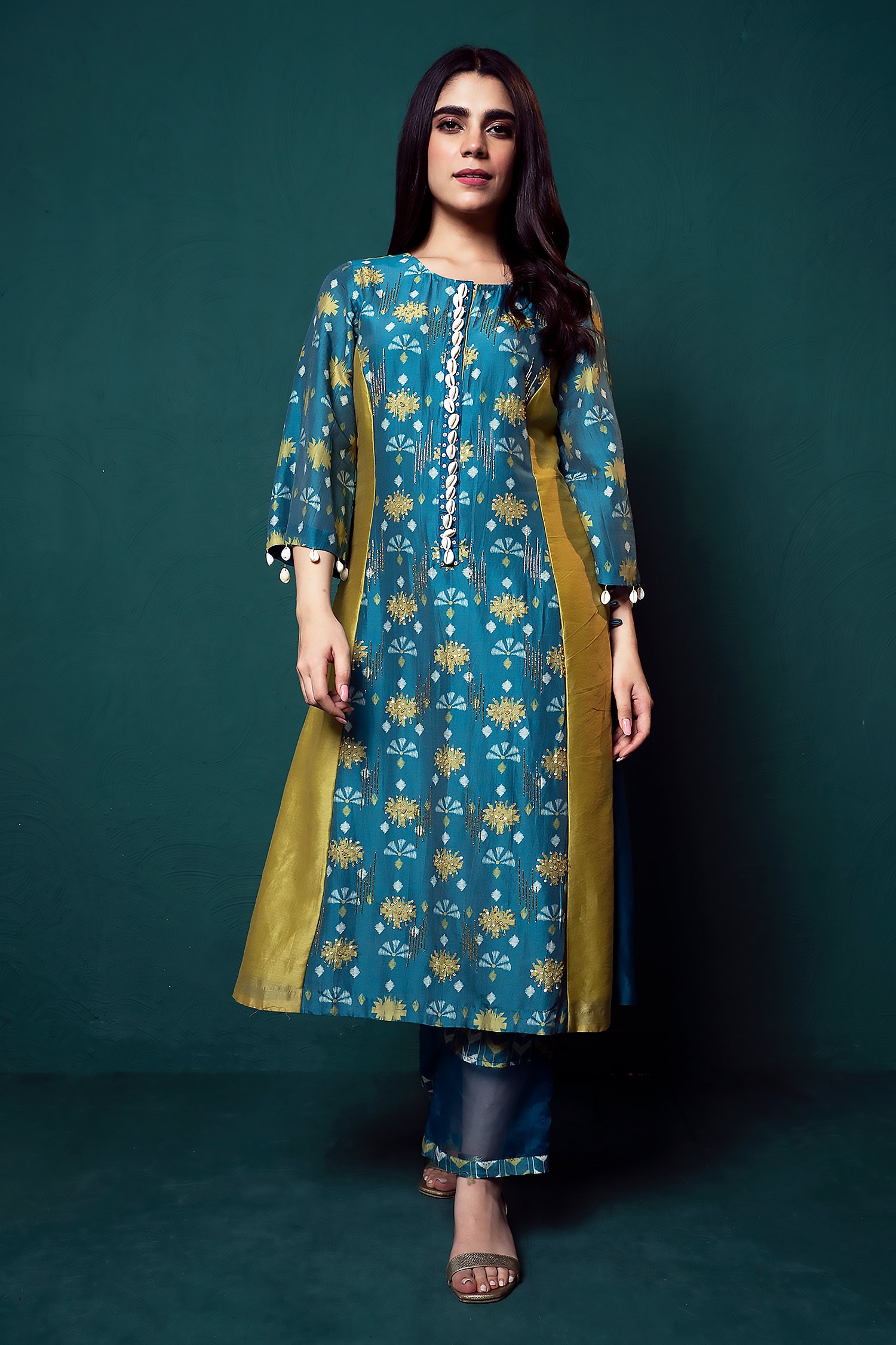 Buy Blue Kurta And Pant: Chanderi Print Floral Motif Aasmani Shelled ...