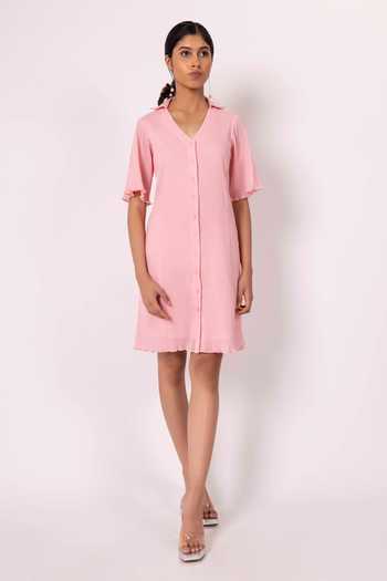 Buy SHIMONA Pink Seer Sucker Orchid Solid Dress Online | Aza Fashions