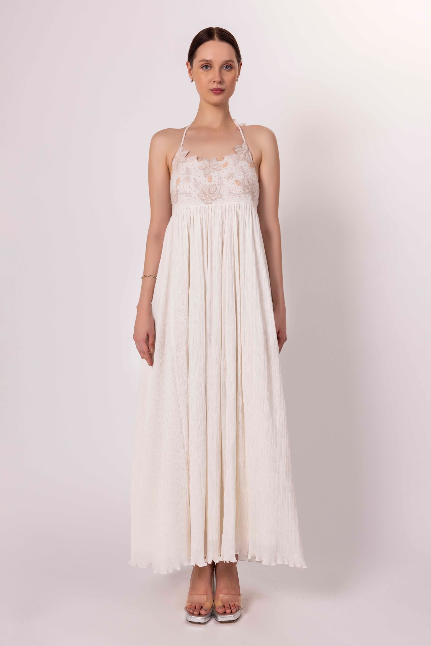 Buy Off White Seer Sucker Embroidered Thread Halter Scarlet Yoke Dress ...