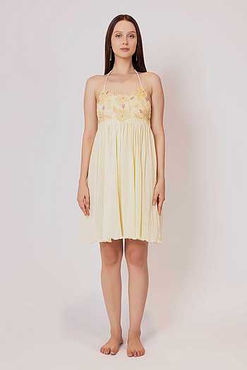 Buy Yellow Seersucker Cotton Embroidered Floral Iris Cutwrok Dress For ...