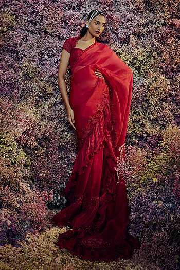 Buy Shilpi Gupta Venus Border Embroidered Ruffle Saree With Blouse ...